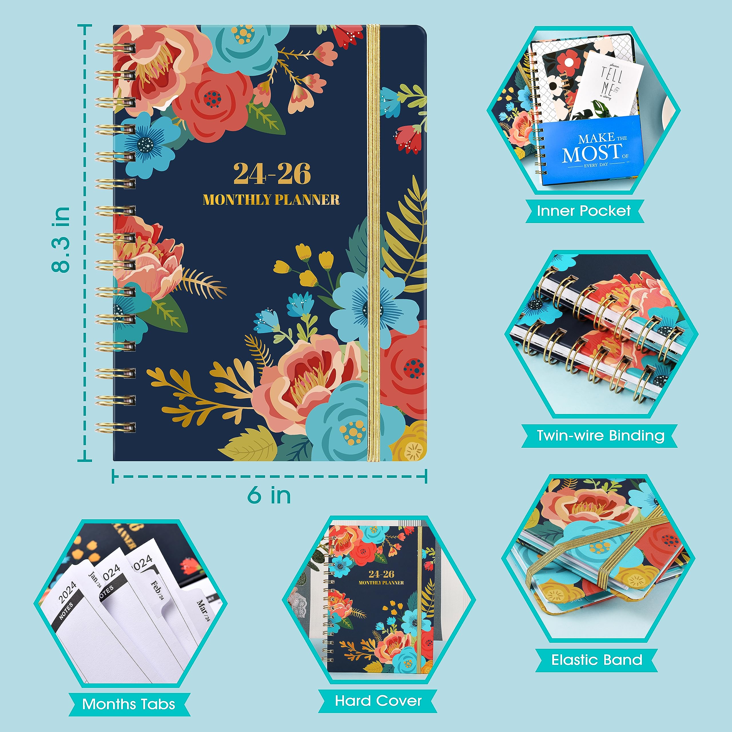 2023-2025 Monthly Planner - Monthly Planner, 3 Year Monthly from Jan. 2023- Dec. 2025, 6" x 8.3" , with Tabs, Monthly Calendar Planner with Pocket, Contacts and Passwords, Twin-Wire Binding