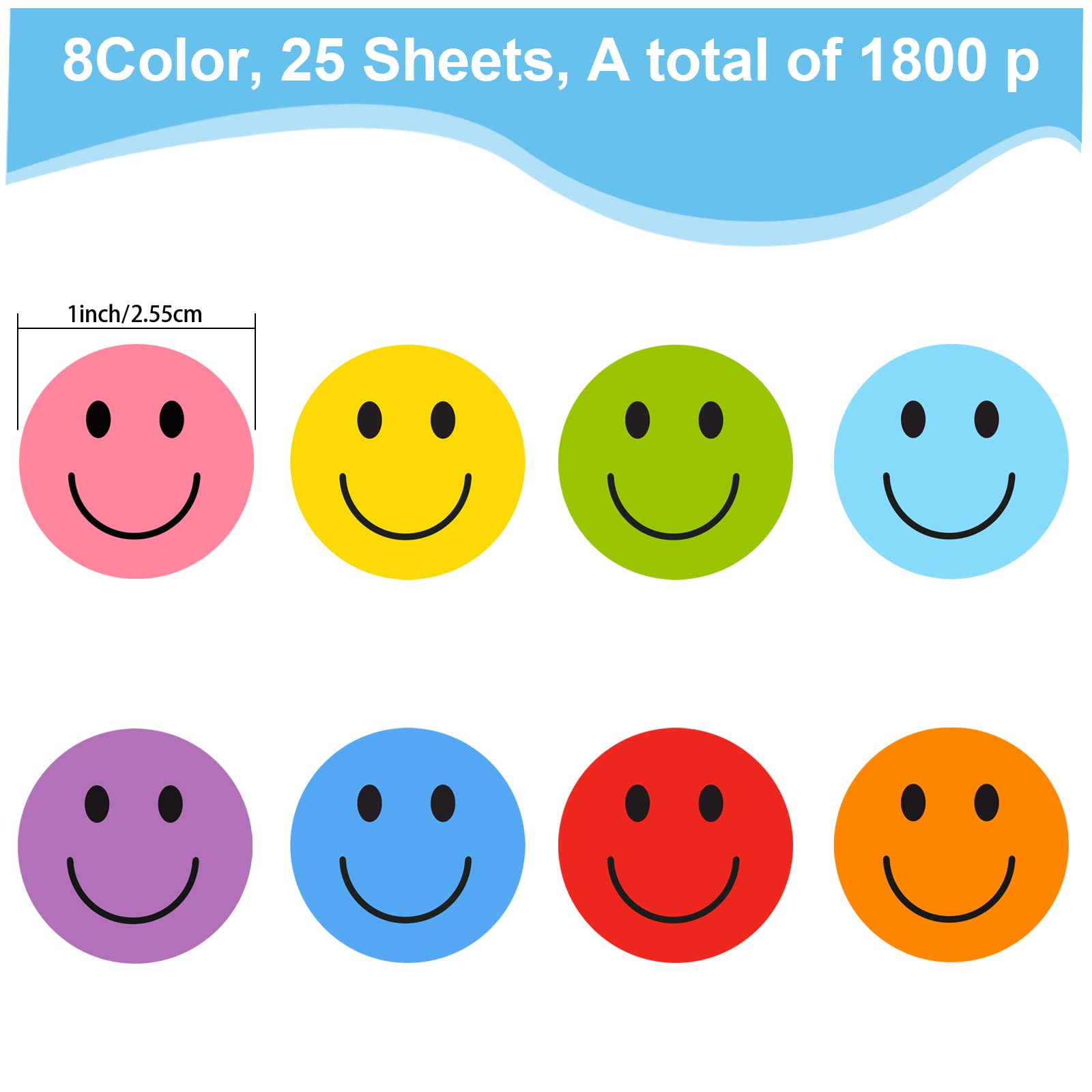 Smiley Face Stickers 1800Pieces, Happy Face Stickers 1in/2.5cm, Small Stickers for Kids Reward Chart (8 Colors)