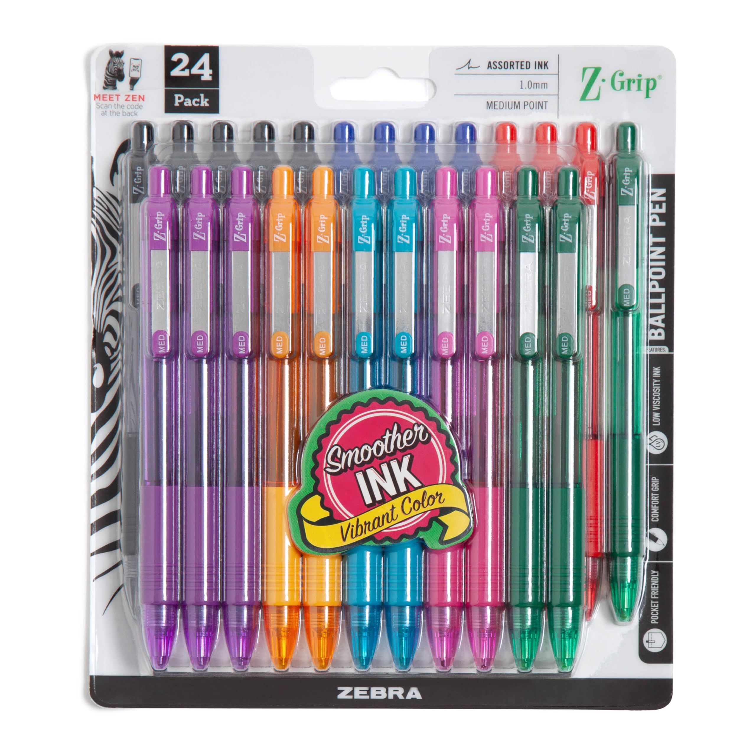 Zebra Pen Z-Grip Retractable Ballpoint Pen, Medium Point, 1.0mm, Assorted Fashion Colors - 24 Pieces (Packaging may vary)
