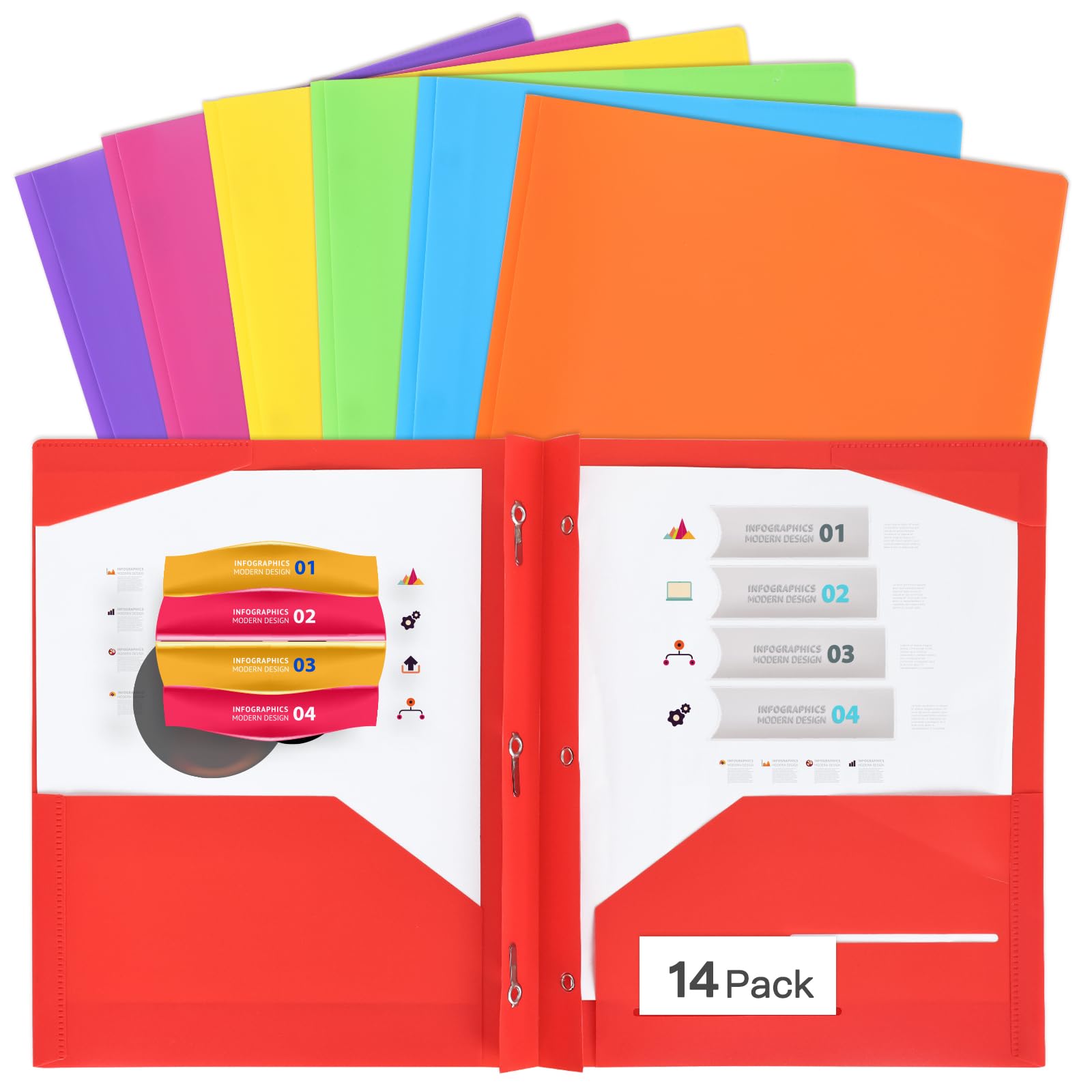 EOOUT 14 Pack Plastic File Folders, Heavy Duty Folders with Pockets, 4 Pocket Folders with 3 Prongs, for Office and School, Letter Size, 7 Assorted Colors
