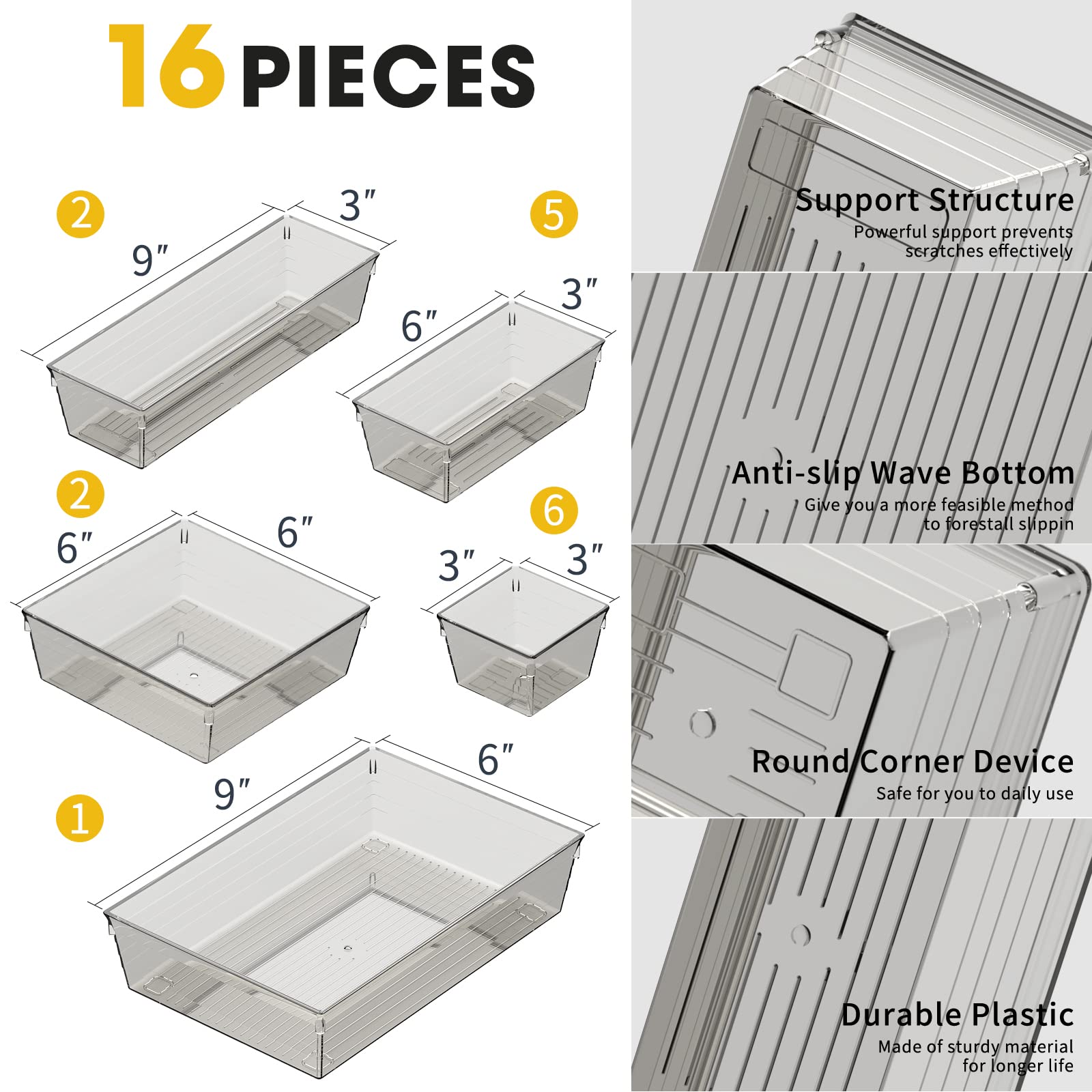 Kzemtcuo 16 Pcs Drawer Organizer 5 Size Acrylic Junk Desk Drawer Organization Separate Makeup Drawers Office Clear Plastic Drawer Organizer for Bathroom Drawer Organizer Built-in Divider Storage Box