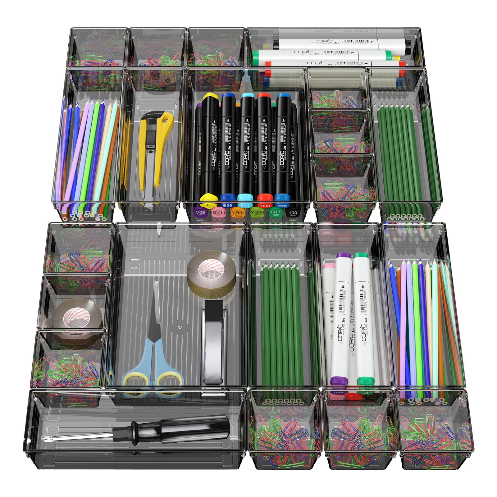 Kzemtcuo 16 Pcs Drawer Organizer 5 Size Acrylic Junk Desk Drawer Organization Separate Makeup Drawers Office Clear Plastic Drawer Organizer for Bathroom Drawer Organizer Built-in Divider Storage Box