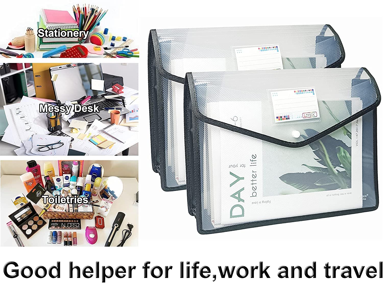YoeeJob Plastic File Folders Legal Size Expandable Document Folder with Snap Button Closure, B4 Expanding File Wallet Envelopes Pouch with Label Pocket, 2 Packs, Black