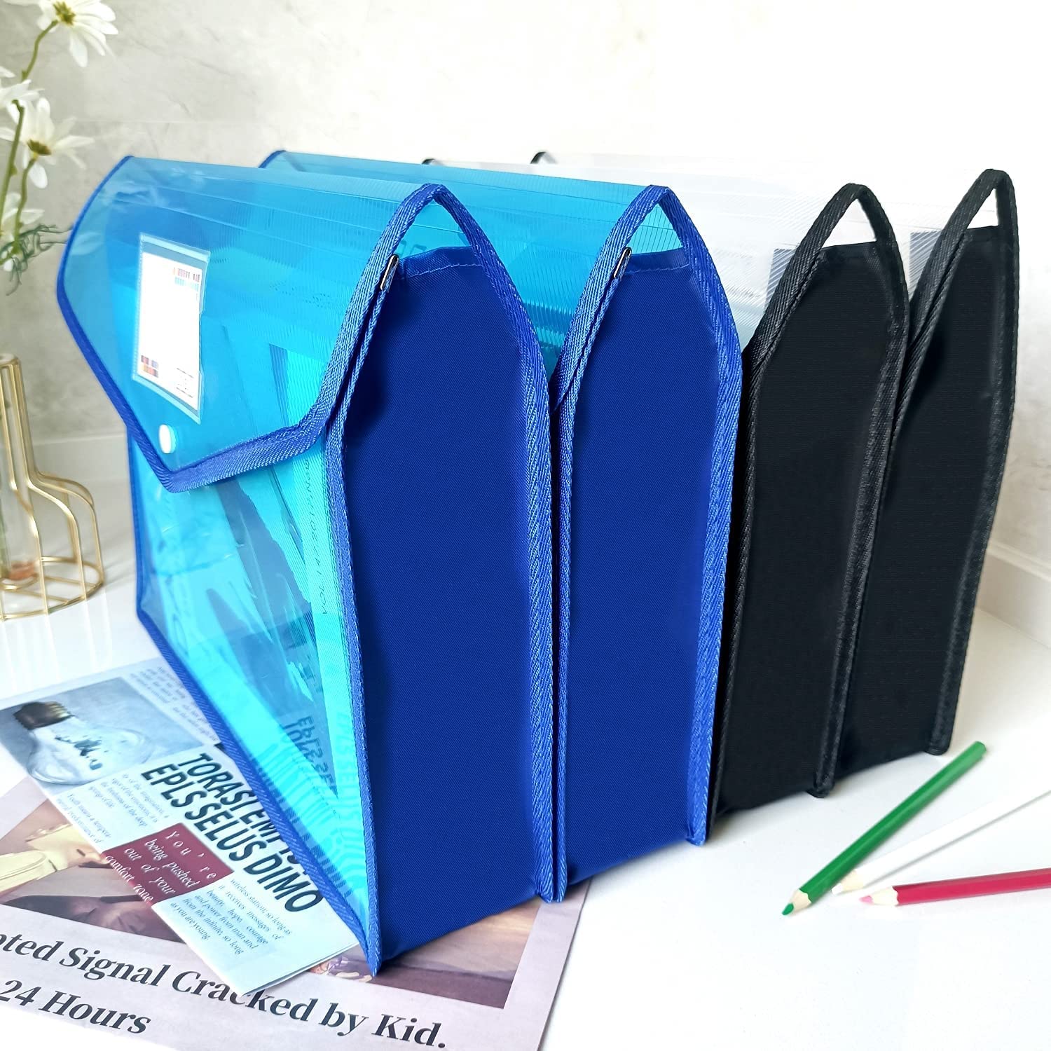 YoeeJob Plastic File Folders Legal Size Expandable Document Folder with Snap Button Closure, B4 Expanding File Wallet Envelopes Pouch with Label Pocket, 2 Packs, Black