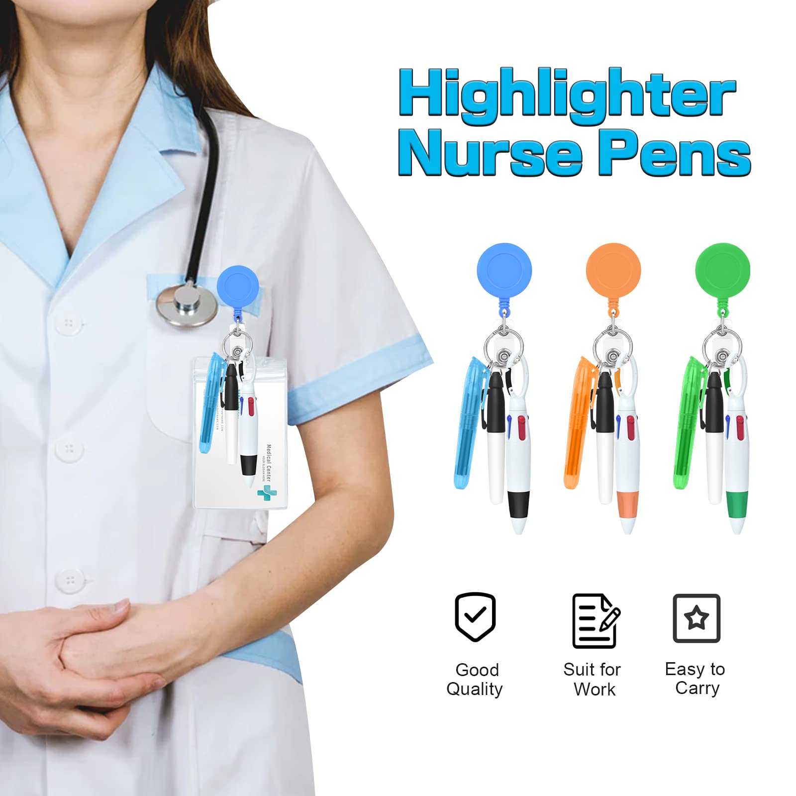 24 pieces Nurse pen set Nurse Pen Pack include 6 pieces Tip Highlighter 6 pieces Permanent Marker Pen And 6 pieces Retractable Ball Pen With 6 pieces Nurse Badge Clip Retractable ID Name Reels