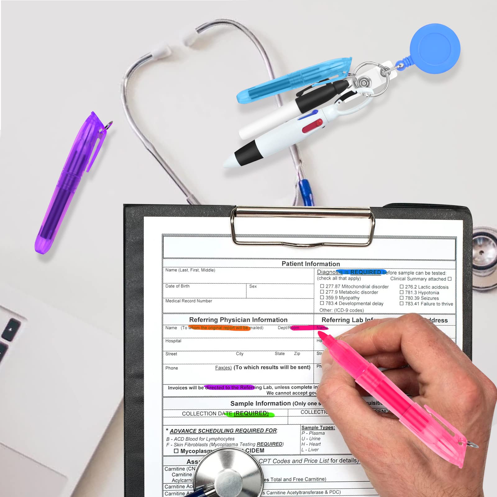 24 pieces Nurse pen set Nurse Pen Pack include 6 pieces Tip Highlighter 6 pieces Permanent Marker Pen And 6 pieces Retractable Ball Pen With 6 pieces Nurse Badge Clip Retractable ID Name Reels
