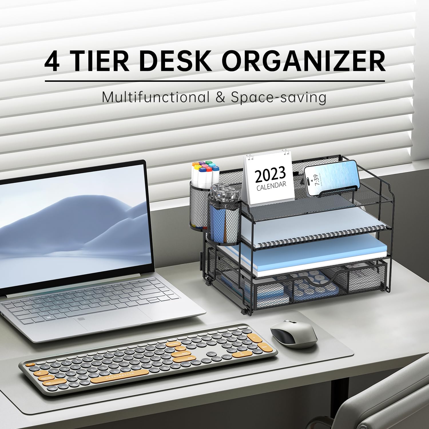 DALTACK 4-Trays Desktop File Organizer with Pen Holder,Letter Tray Paper Organizer with Drawer and Pen Holders, Black Mesh Office Supplies File Holder,Desk Organizer for Office School Home