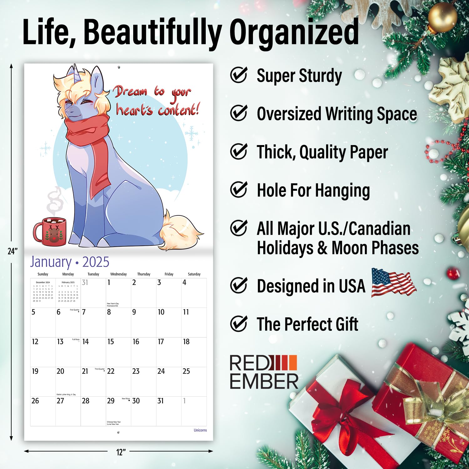 RED EMBER Baby Animals 2023 Hangable Monthly Wall Calendar | 12" x 24" Open | Thick & Sturdy Paper | Giftable | Kids Adorable Animals
