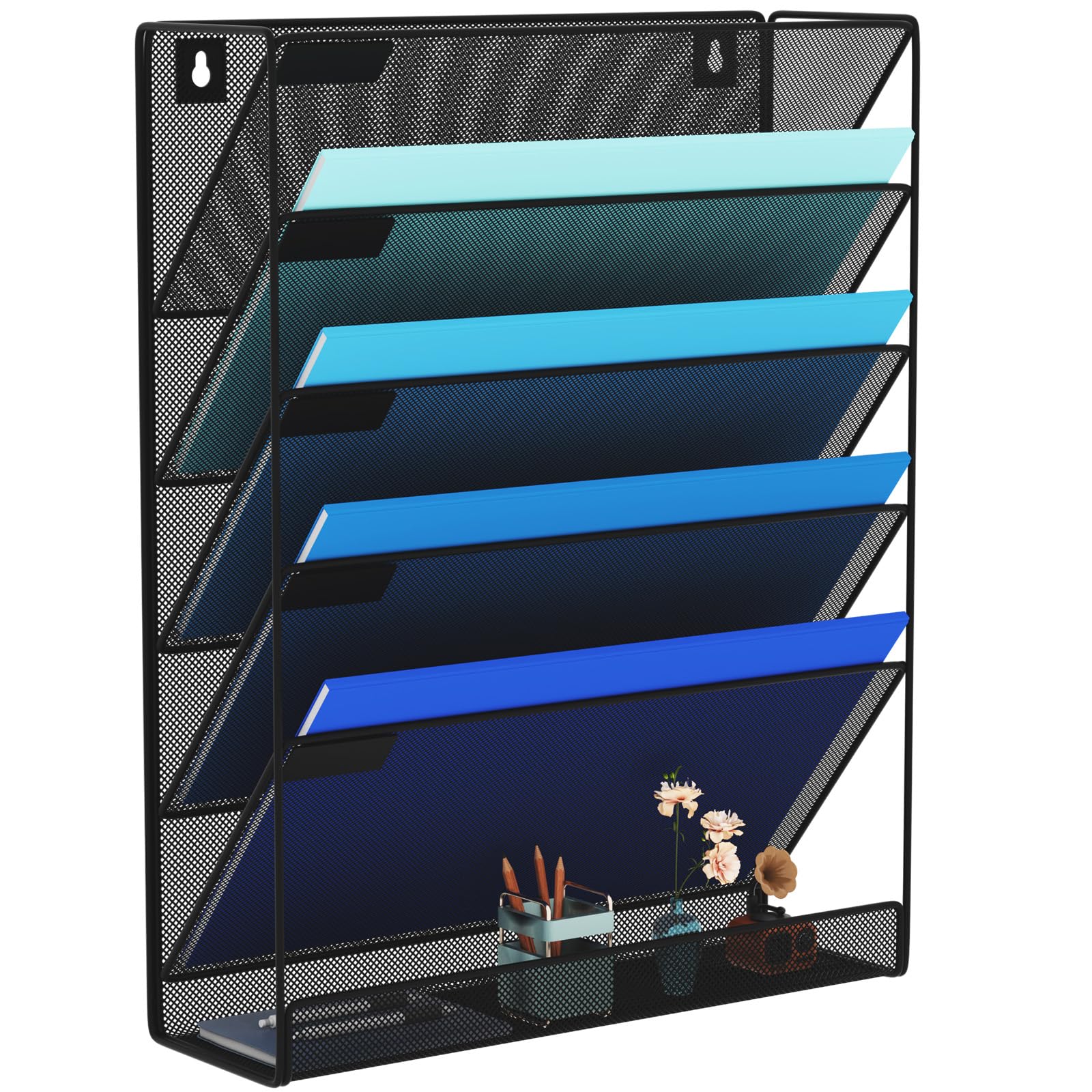 GDinDinFan Wall File Organizer Holder Mesh Hanging Paper Document Holder,Vertical 5 Pocket Tier for Office Home, Black