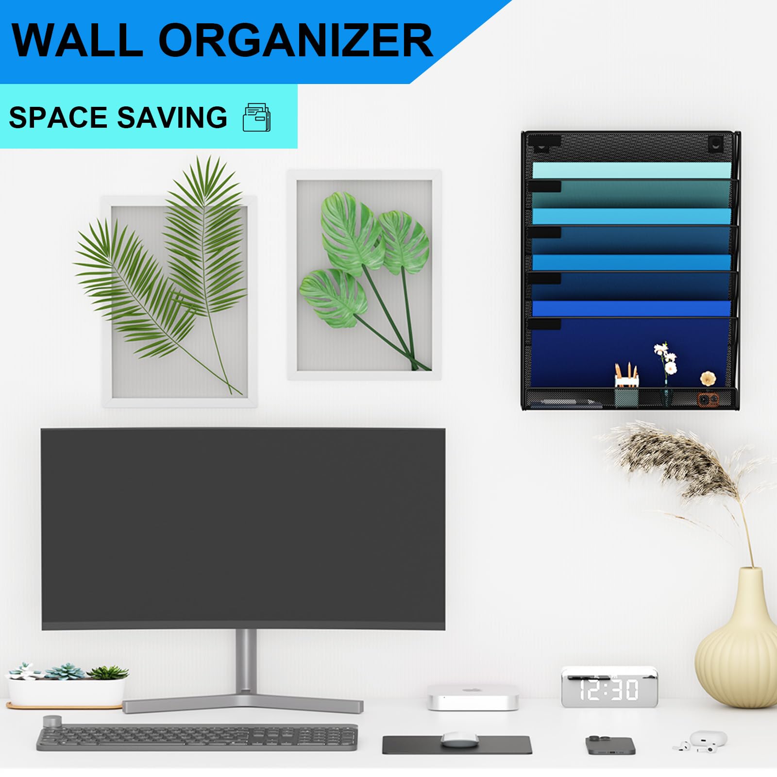 GDinDinFan Wall File Organizer Holder Mesh Hanging Paper Document Holder,Vertical 5 Pocket Tier for Office Home, Black