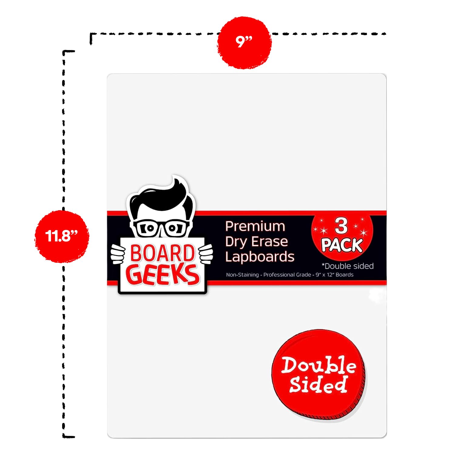 Board Geeks 3 Classroom Dry Erase Board for Kids 9"x12"- Small White Boards for Students, White Board for Kids, Teacher - Double Sided Small White Board | Mini White Boards | Small whiteboard (3- Pk)