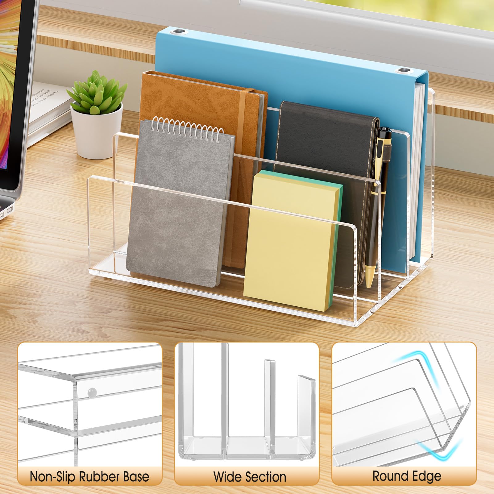 KTRIO Acrylic File Holder 3 Sections, File Organizer for Desk Clear Desk Organizer File Sorter File Folder Holder Mail Organizer Letter Holder for Envelopes, Mail, Electronics