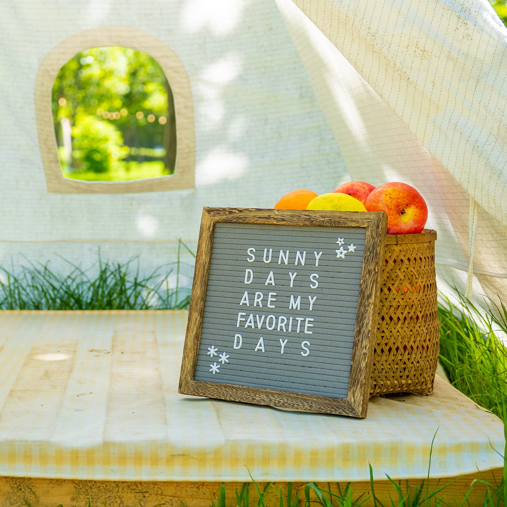 Rustic Wood Frame Gray Felt Letter Board 10x10 inch with Letters, Stand, Scissors Set | Baby Announcement Sign | First Day Of School Board | Message Board for Classroom | Rustic Letter Board Sign with Changeable Letters