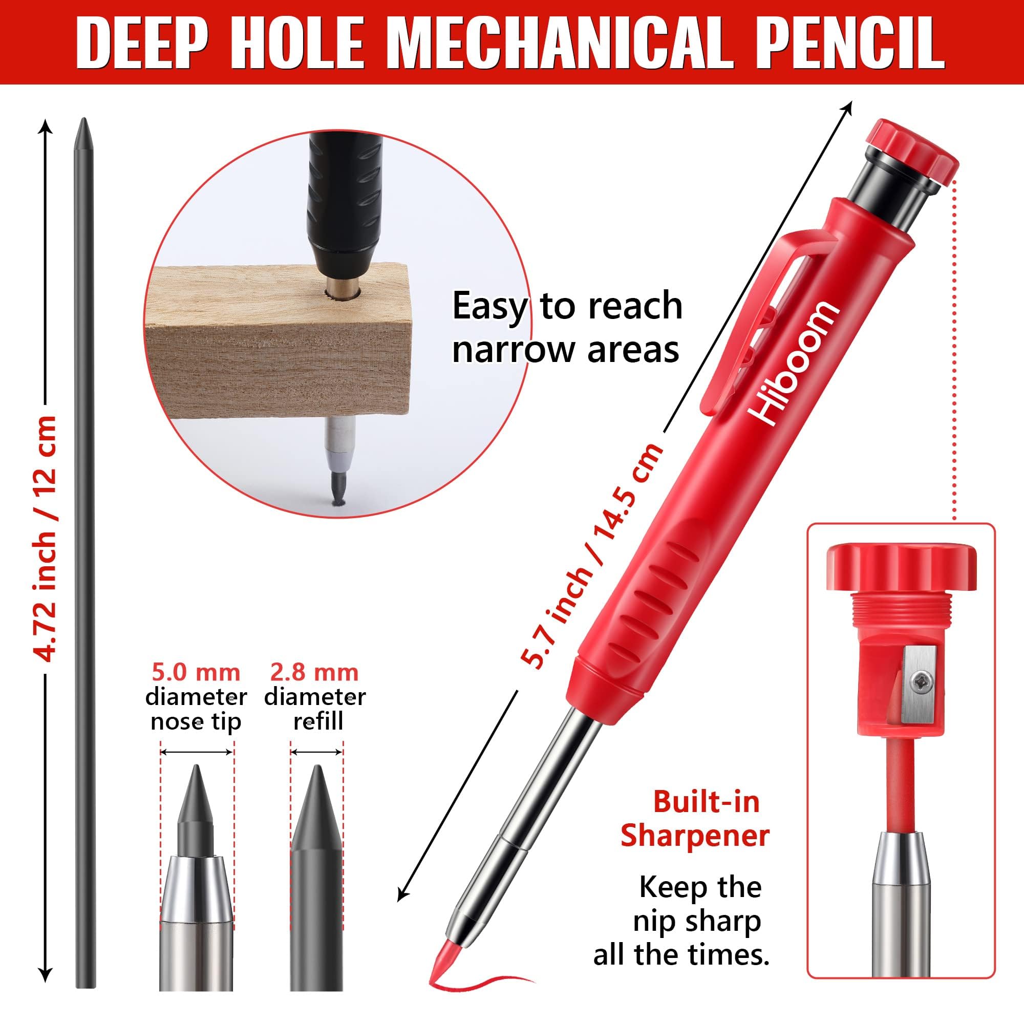 Hiboom 3 Pack Solid Carpenter Pencil with Pencil Cap and 21 Pcs Refills, Deep Hole Mechanical Pencil Marker with Built in Sharpener for Carpenter Woodworking Architect