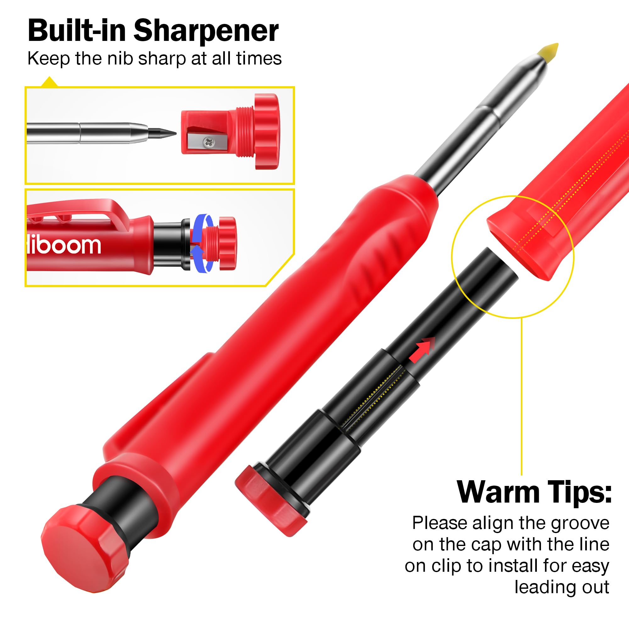 Hiboom 3 Pack Solid Carpenter Pencil with Pencil Cap and 21 Pcs Refills, Deep Hole Mechanical Pencil Marker with Built in Sharpener for Carpenter Woodworking Architect
