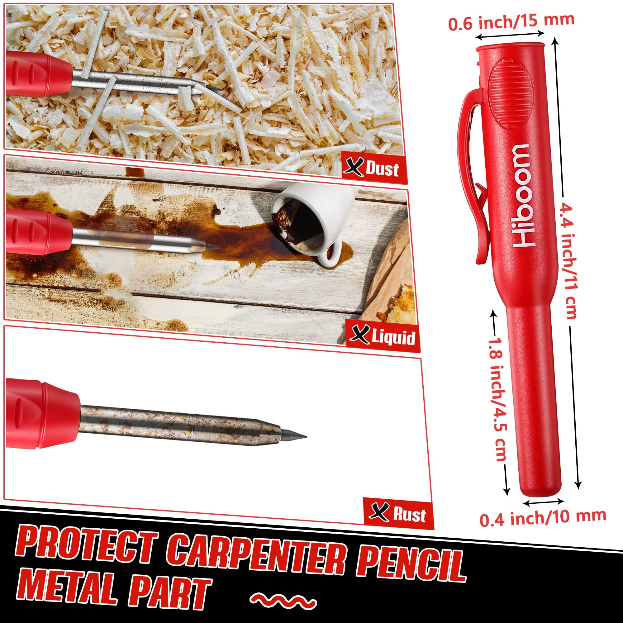 Hiboom 3 Pack Solid Carpenter Pencil with Pencil Cap and 21 Pcs Refills, Deep Hole Mechanical Pencil Marker with Built in Sharpener for Carpenter Woodworking Architect