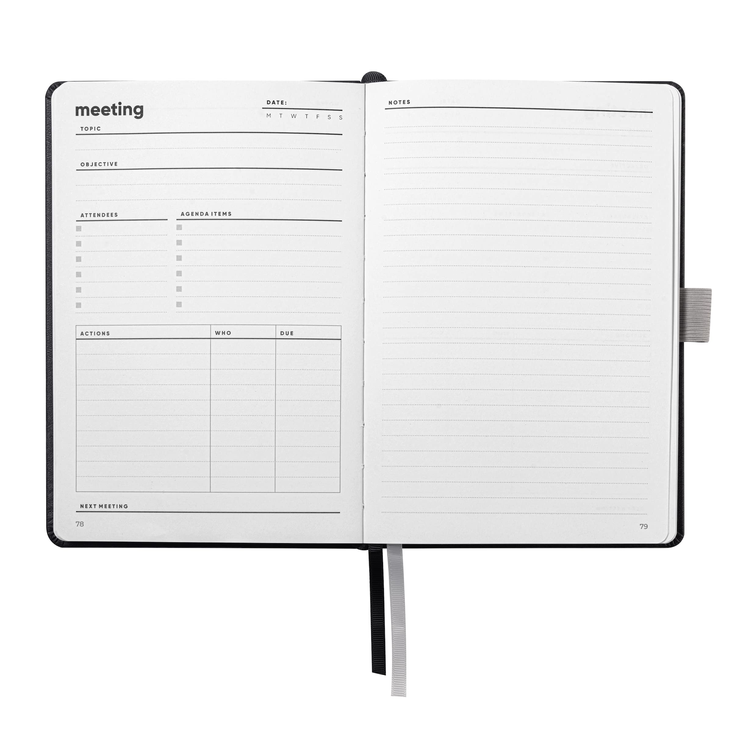 HUSTLE Co. Meeting Notebook for Work with Action Items Clever Hardcover Journal for More Productive Meetings - Index, 160 Pages, 100gsm Paper, Lays Flat, Pen Holder - Business, Work, Professional