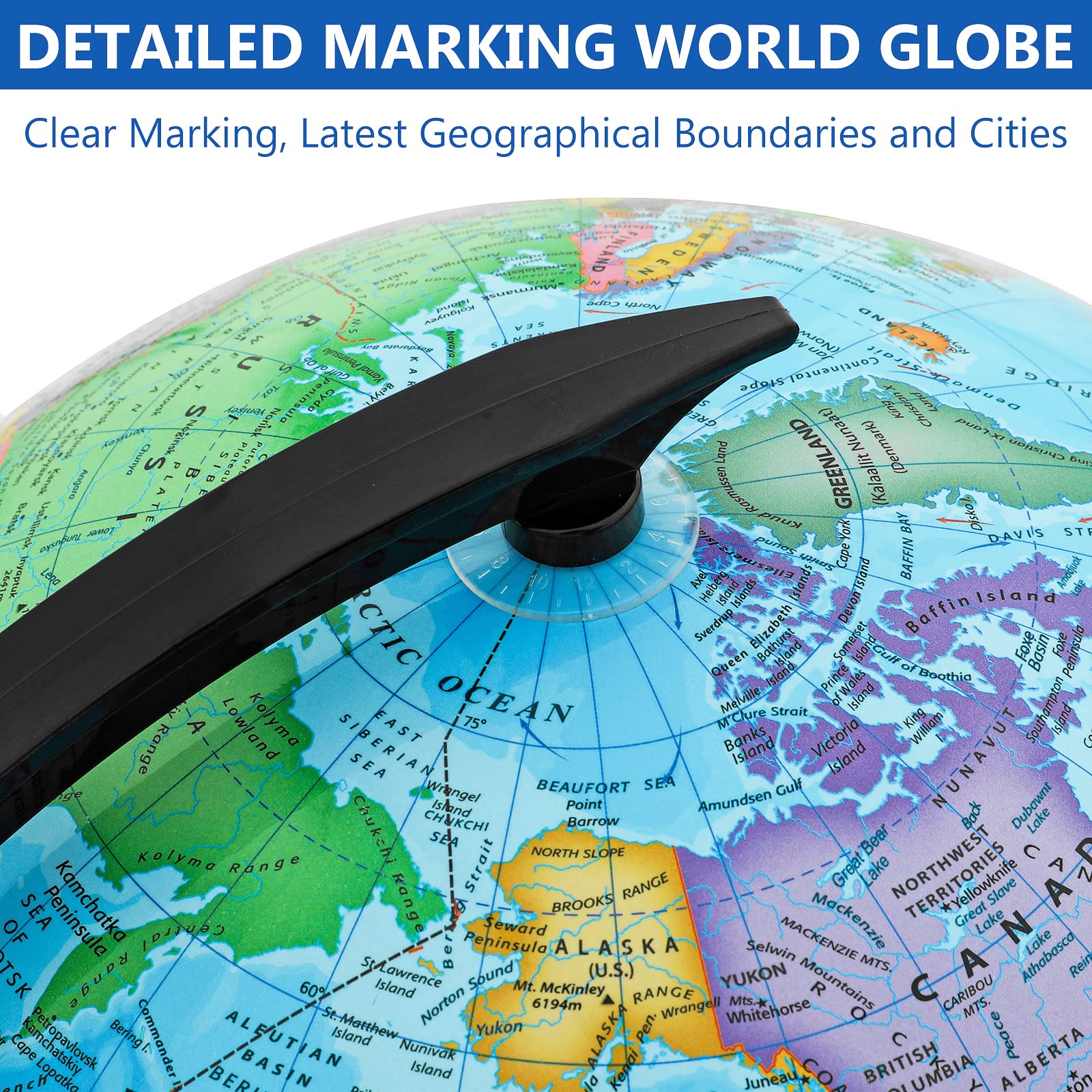 World Globe with Stand, 13" Desk Classroom Decorative Globe for Students & Geography Teachers, 360° Horizontal Rotation, Full Length 19.7 inch World Globe Map with Clear Text Markings, Blue