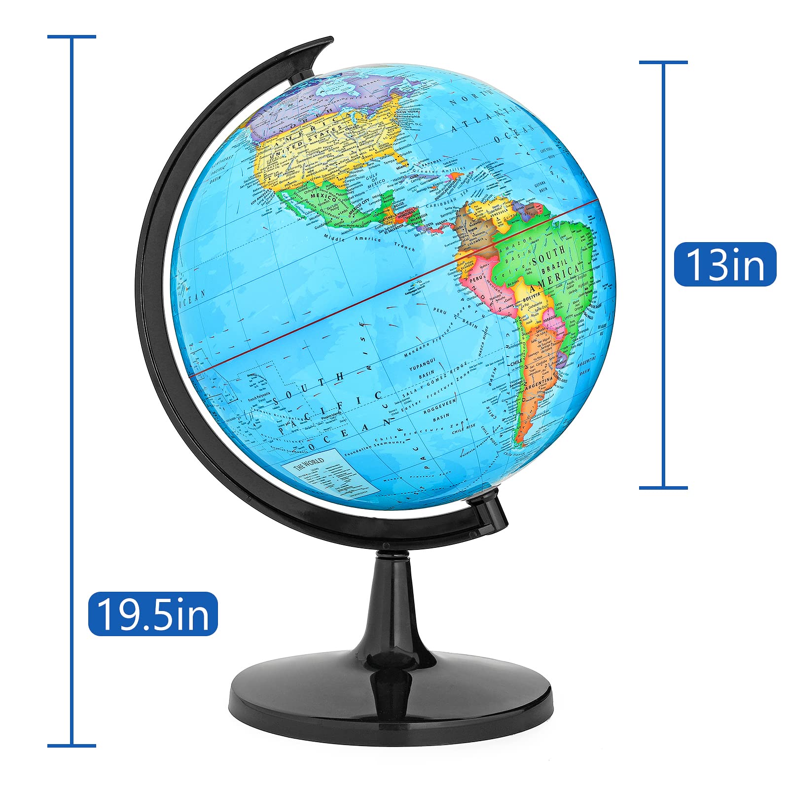 World Globe with Stand, 13" Desk Classroom Decorative Globe for Students & Geography Teachers, 360° Horizontal Rotation, Full Length 19.7 inch World Globe Map with Clear Text Markings, Blue