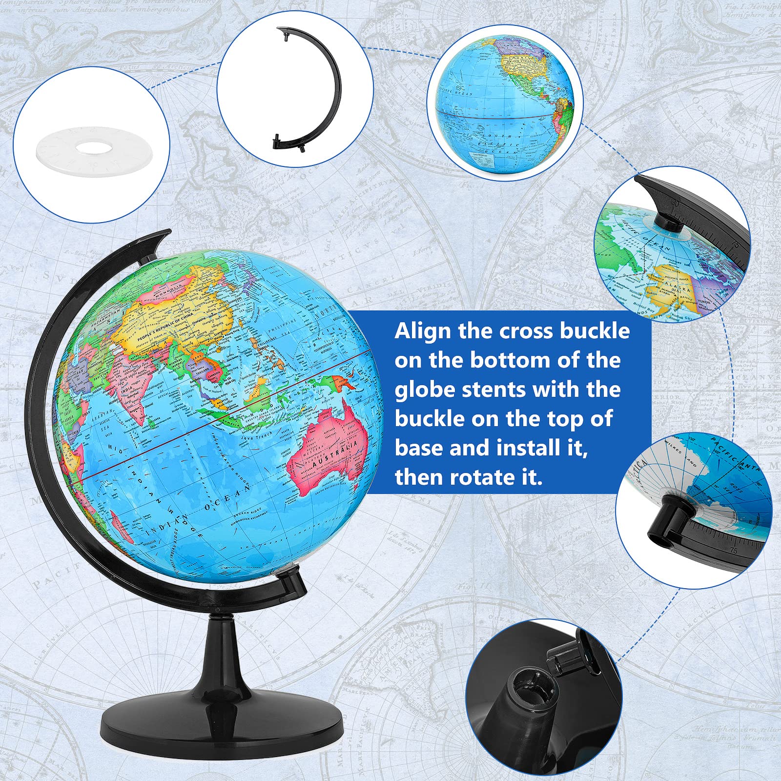 World Globe with Stand, 13" Desk Classroom Decorative Globe for Students & Geography Teachers, 360° Horizontal Rotation, Full Length 19.7 inch World Globe Map with Clear Text Markings, Blue