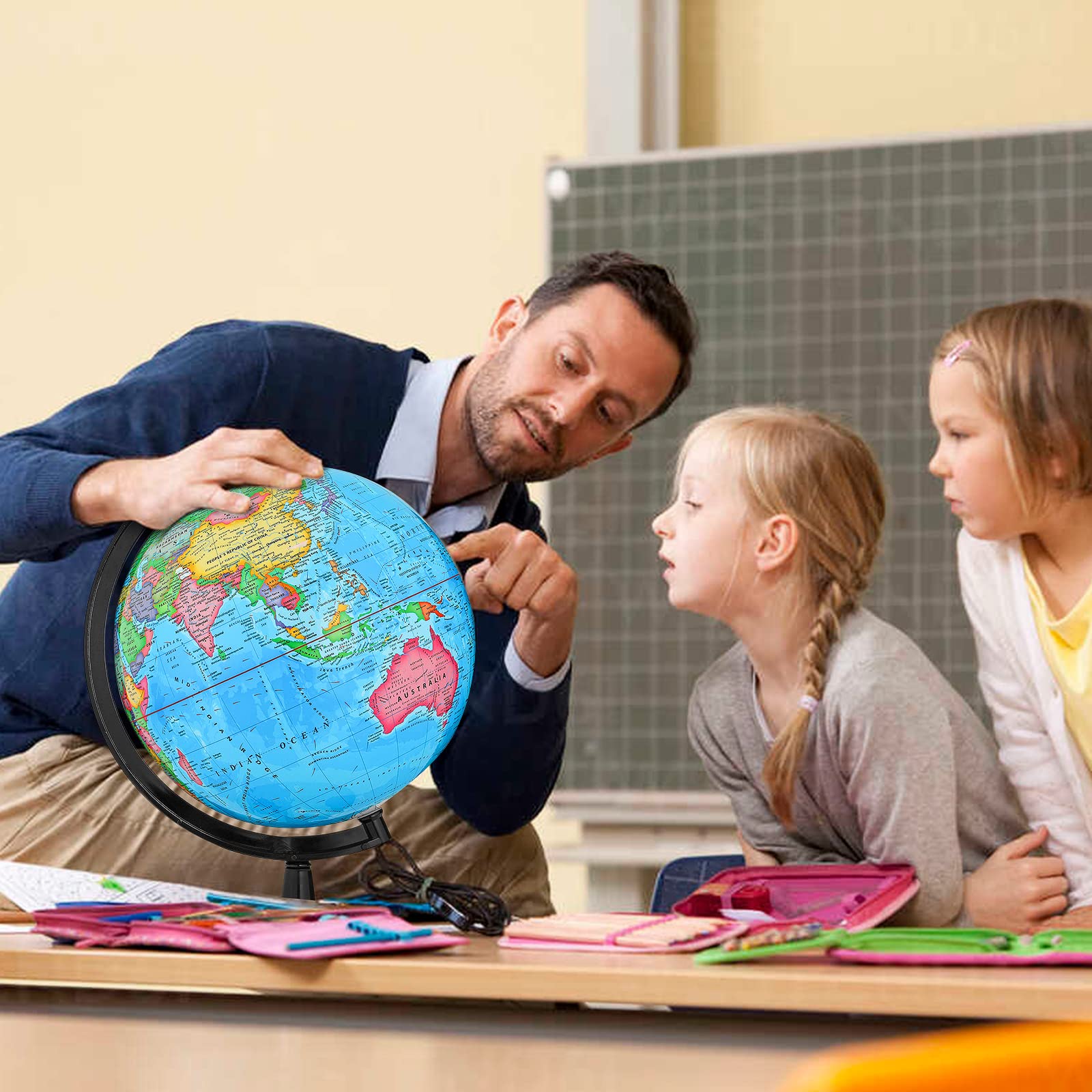 World Globe with Stand, 13" Desk Classroom Decorative Globe for Students & Geography Teachers, 360° Horizontal Rotation, Full Length 19.7 inch World Globe Map with Clear Text Markings, Blue