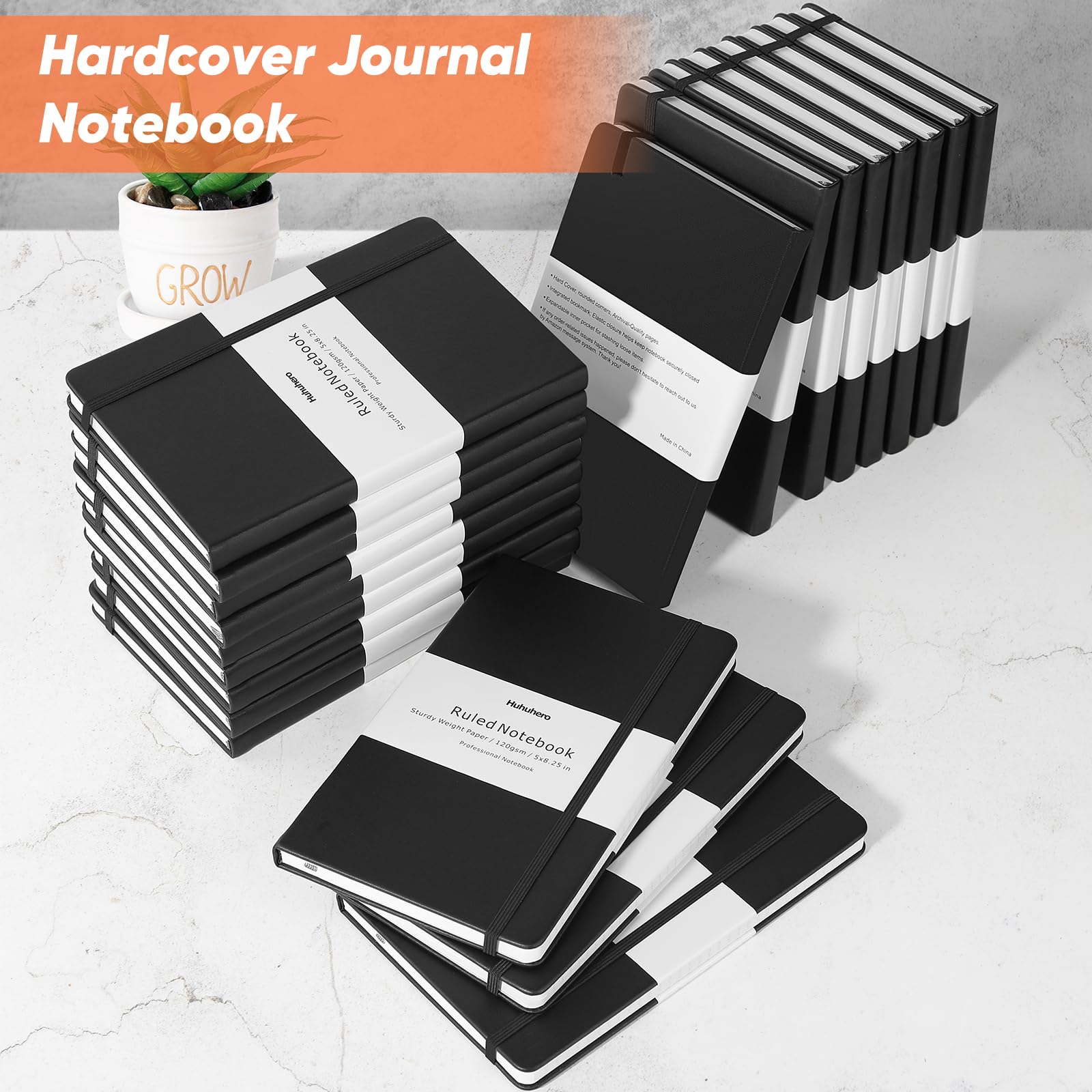 Huhuhero 10 Pack Notebooks Journal, Ruled Notebook, Premium Thick Paper Lined Journal, Black Hardcover Notebook for Office Home School Business Writing Note Taking Journaling, 5"×8.25"