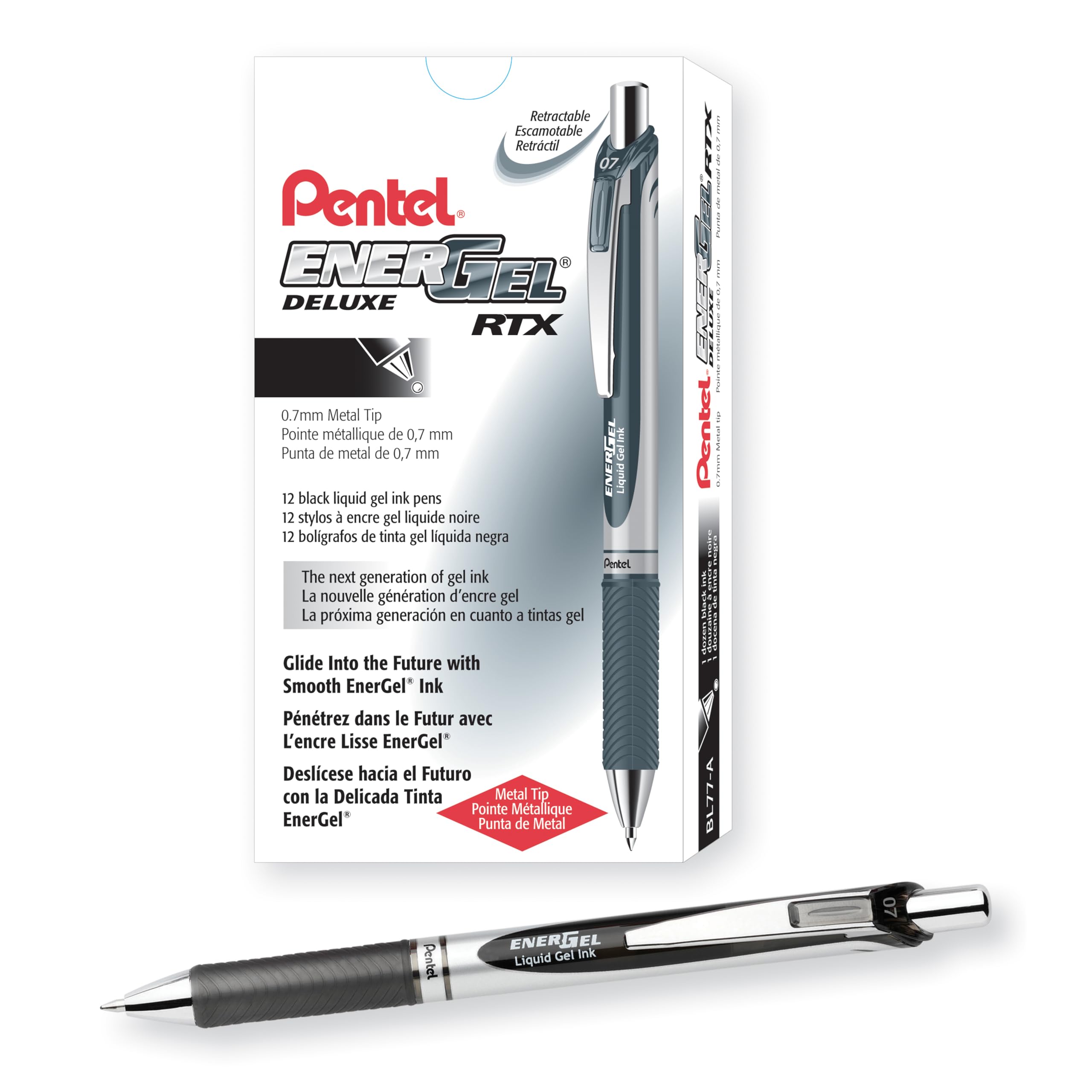 Pentel® EnerGel⢠Retractable Liquid Gel Pens, Medium Point, 0.7 mm, Silver Barrel, Black Ink, Pack Of 12