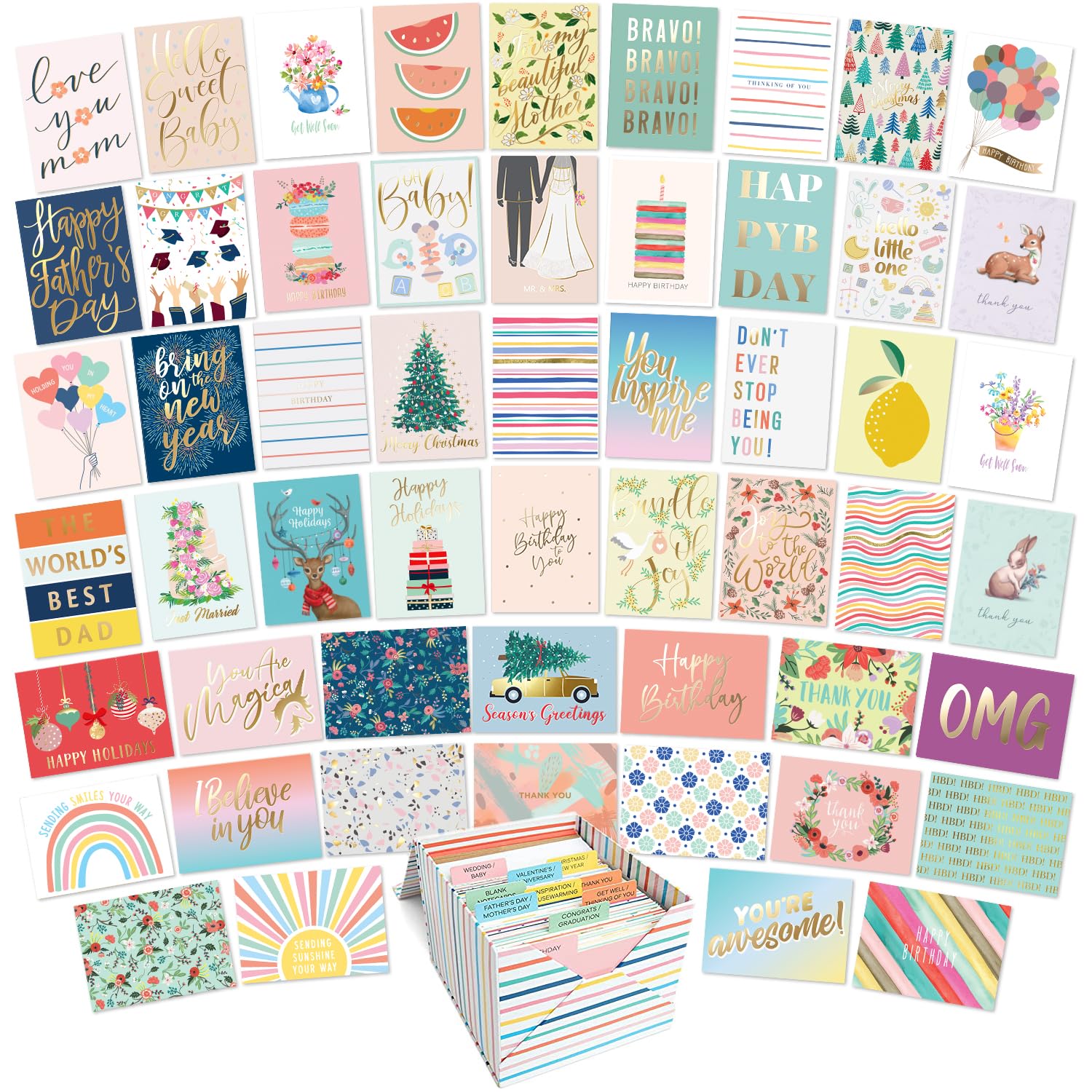 Sweetzer & Orange All Occasion Cards Assortment Box. Set of 100 Assorted Greeting Cards for All Occasions with Greeting Card Organizer Card Box. 17 Types of Note Cards incl Blank Cards with Envelopes