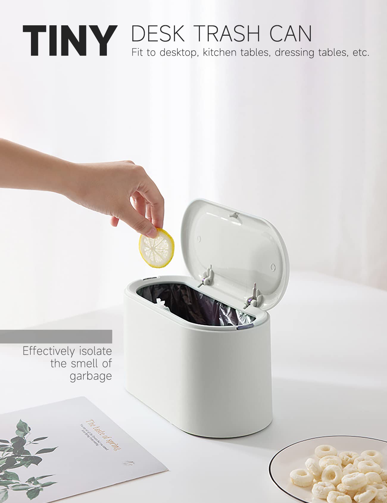 MONGTINGLU Mini Trash Can with Lid - Removable Small Garbage Can, Tiny Plastic Trash Bin, Pop Up Countertop Wastebasket, Counter Garbage Lint Bin for Bathroom,Office,Kitchen,Desk,Coffee Table(White)