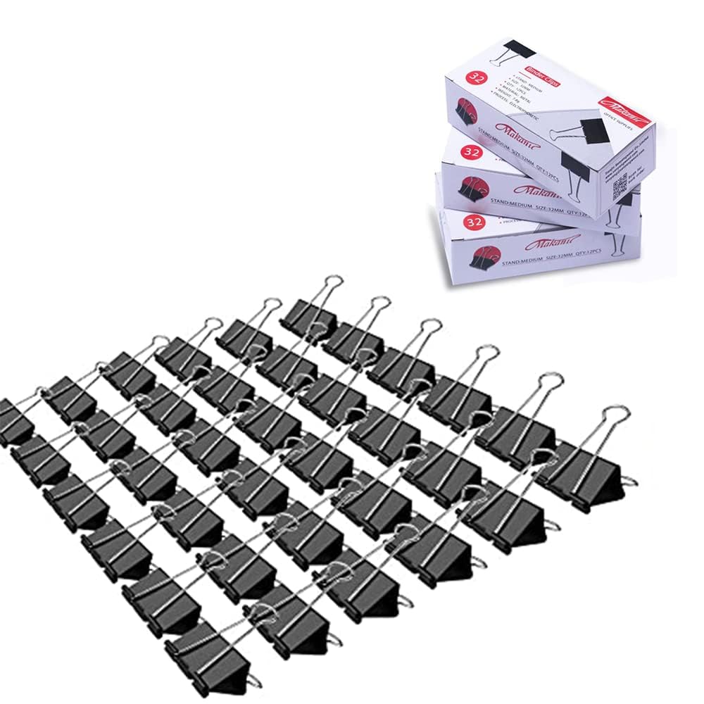 Medium Binder Clips 1.25 Inch Black 36 PCS, Binder Clips 32mm for Teacher School Office and Business