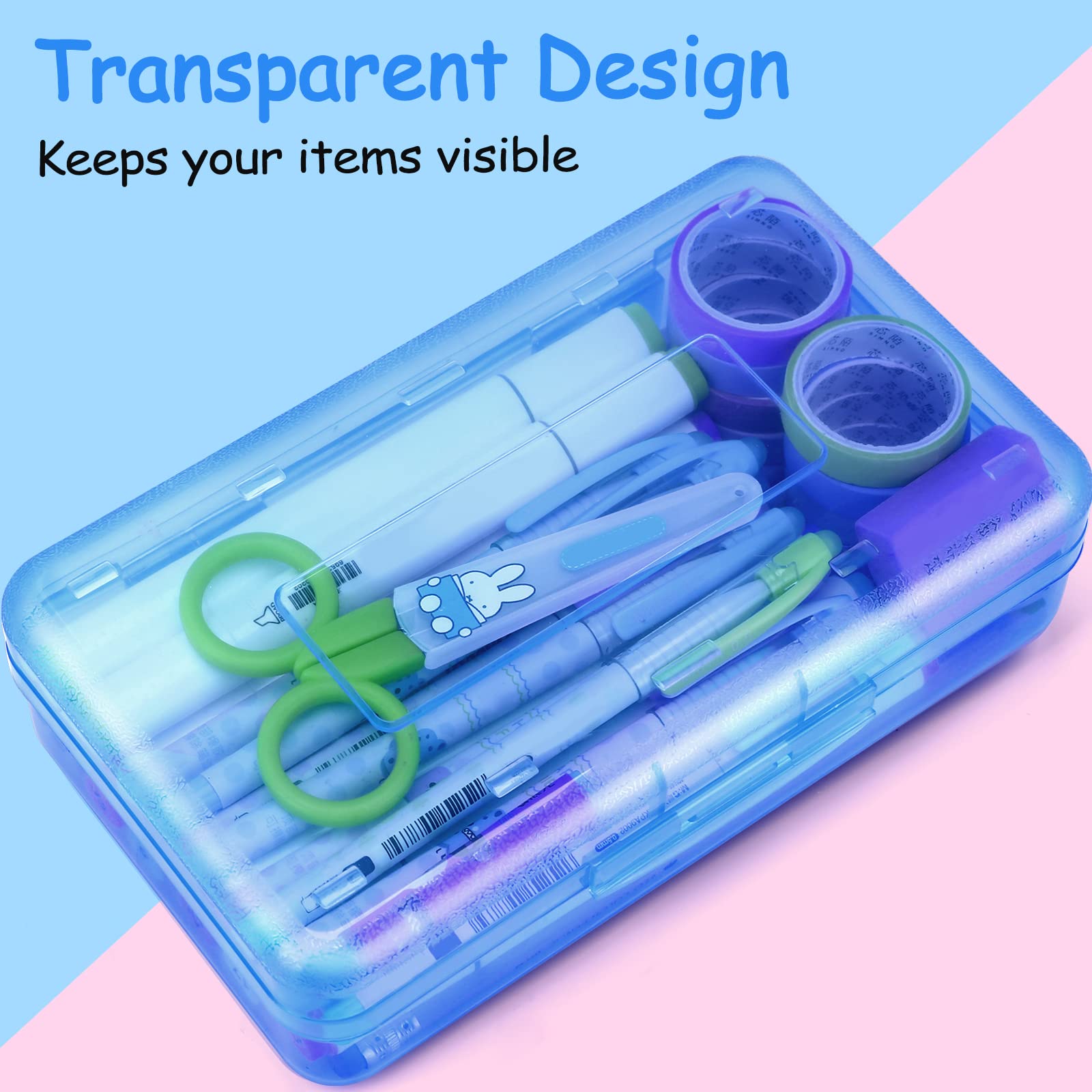 Sooez Pencil Box, Plastic Pencil Case, Hard Pencil Case with Stickers, Crayon Box, Large Plastic Pencil Boxes with Lid, Stackable Supply Boxes, Pencil Case Box for Kids School Boys Classroom, Blue
