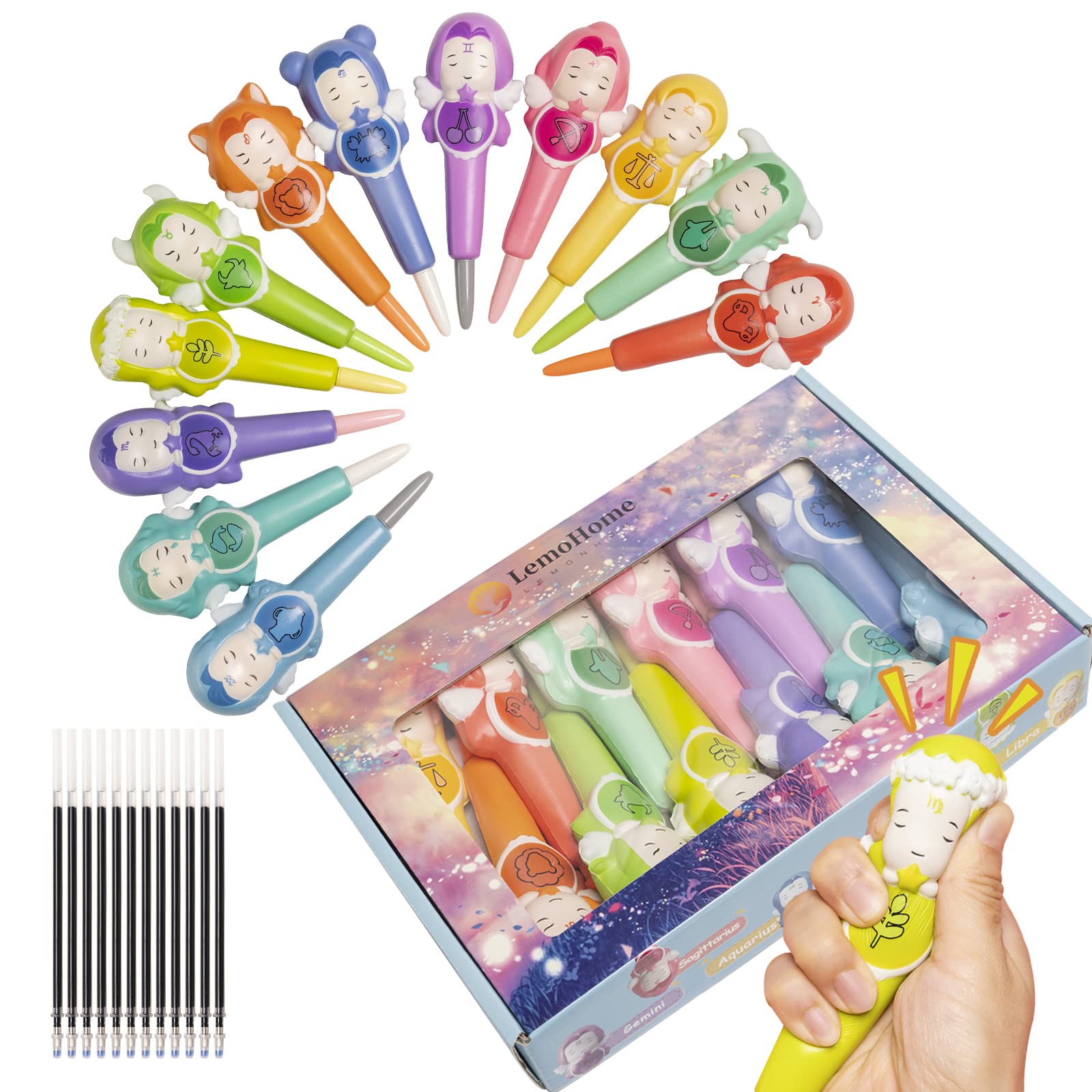 LemoHome Cute Pens squishy pens gel ink Animals Pens cute stationary Kawaii Pens Decompression Stress Relief Sponge Pens Set For Students Kids With Replacement Refills (Black)