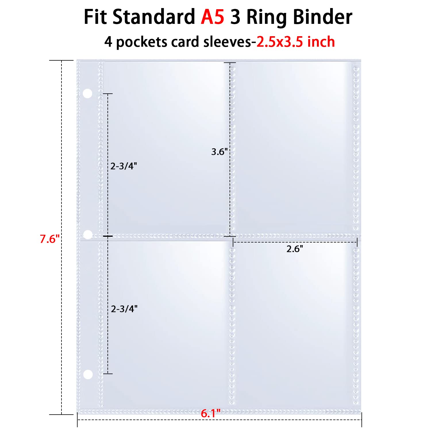 50 Pack 400 Pockets 2.5x3.5" Trading Card Sleeves,Double-Sided 4 Pocket 6.1x7.6" Page Protector,Ultra-Clear Pokemon Card Sheets for A5 Mini 3 Ring Binder