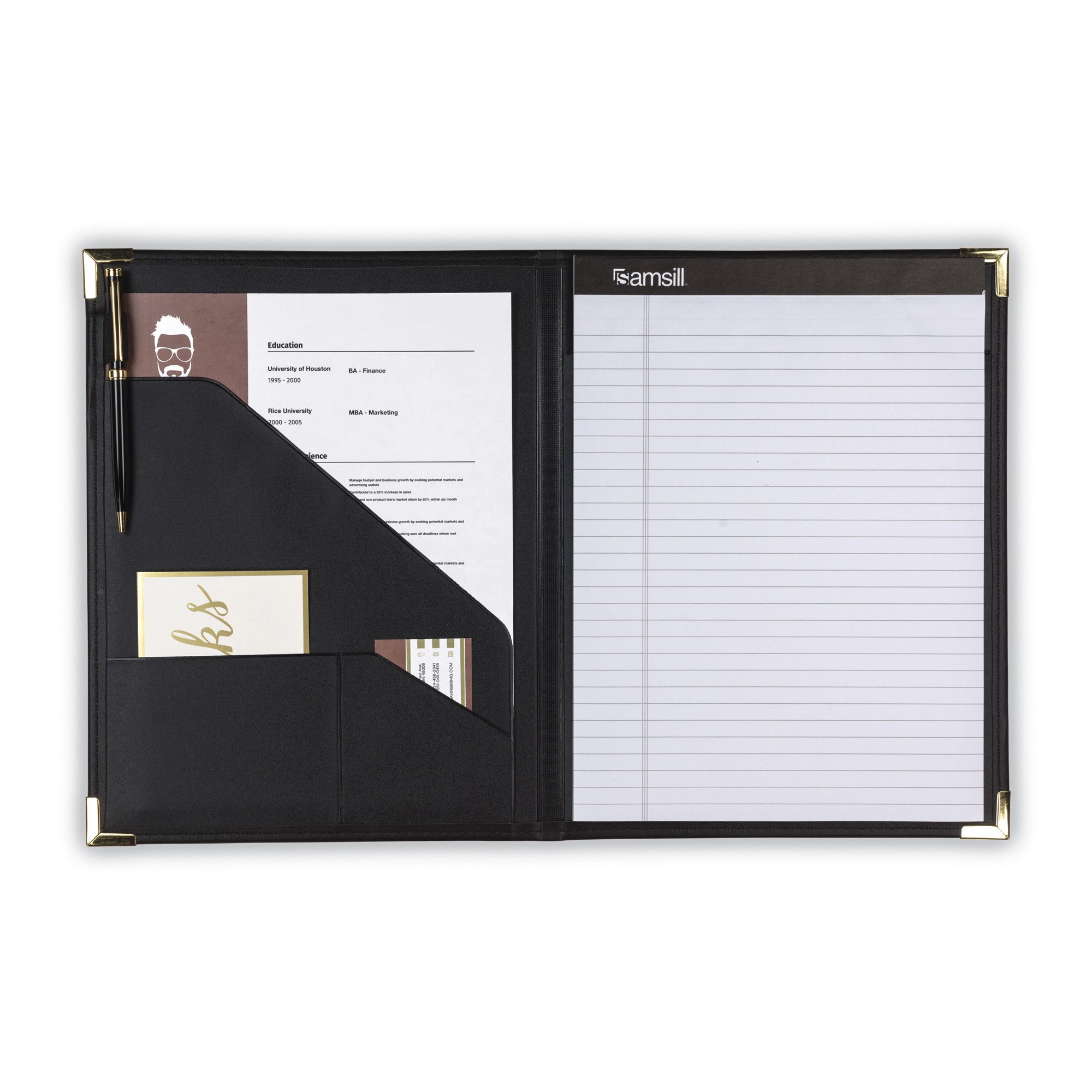 Samsill Classic Business Padfolio, Executive Portfolio, Black Faux Leather, Brass Corners, Resume Document Organizer, Holds 8.5 x 11β Writing Pad, Pen Loop