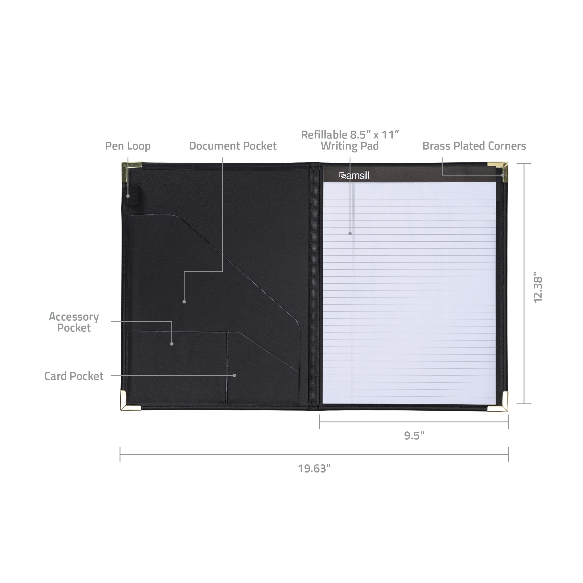 Samsill Classic Business Padfolio, Executive Portfolio, Black Faux Leather, Brass Corners, Resume Document Organizer, Holds 8.5 x 11β Writing Pad, Pen Loop