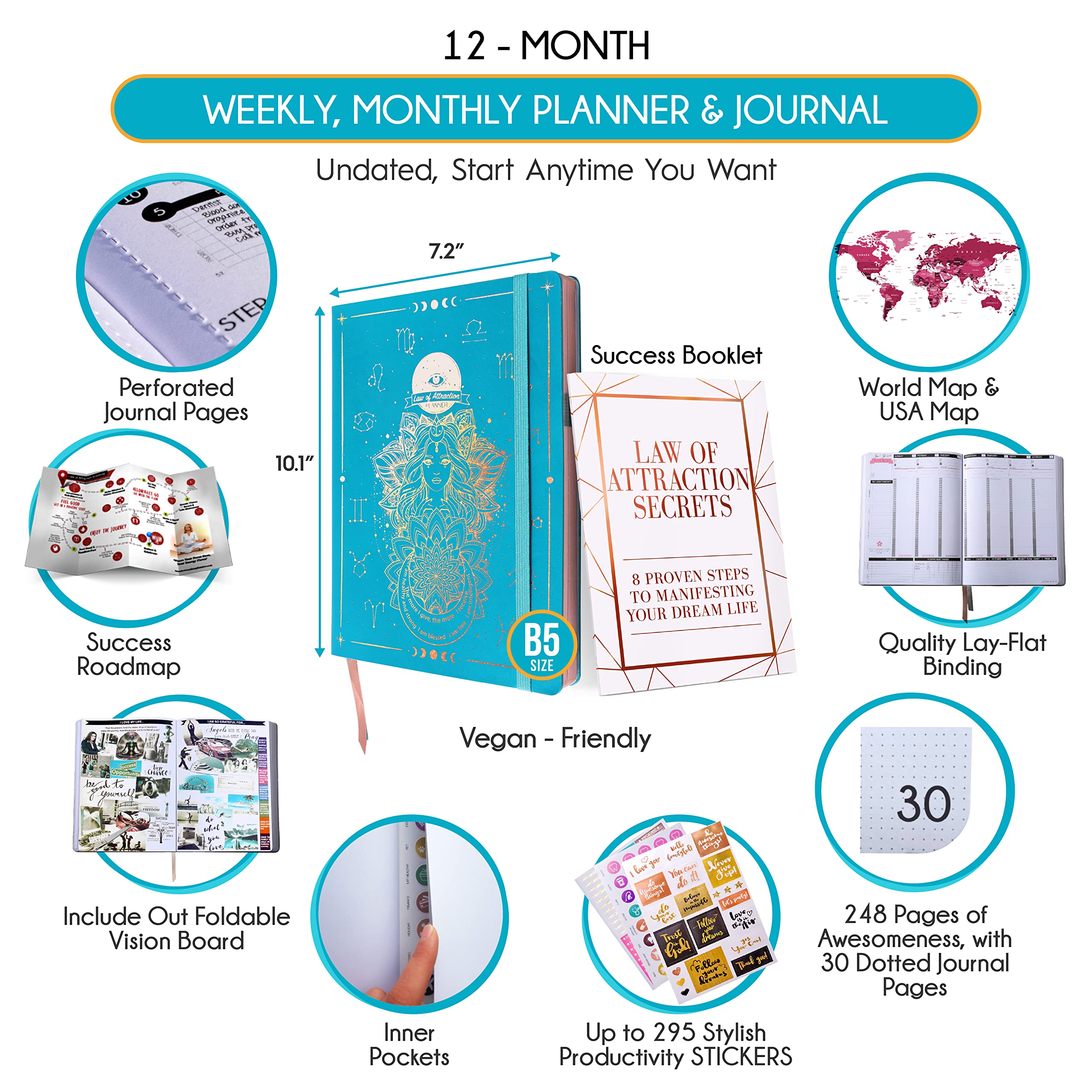 Law of Attraction Planner 2023 - Deluxe Weekly, Monthly Planner, a 12 Month Journey to Increase Productivity & Happiness, Life Organizer, Gratitude Journal, Stickers, Gift Box