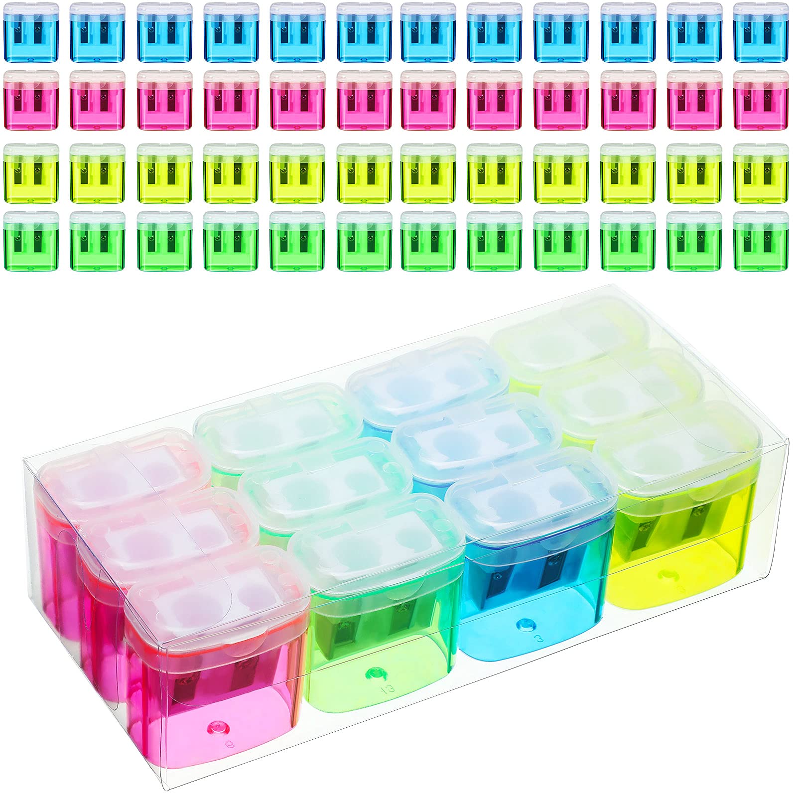 48 Pieces Pencil Sharpeners Manual Double Hole Pencil Sharpener with Lid Hand for School Office Home, Handheld Plastic Crayon Sharpener,Colourful Birthday Favor,Christmas Child Stocking