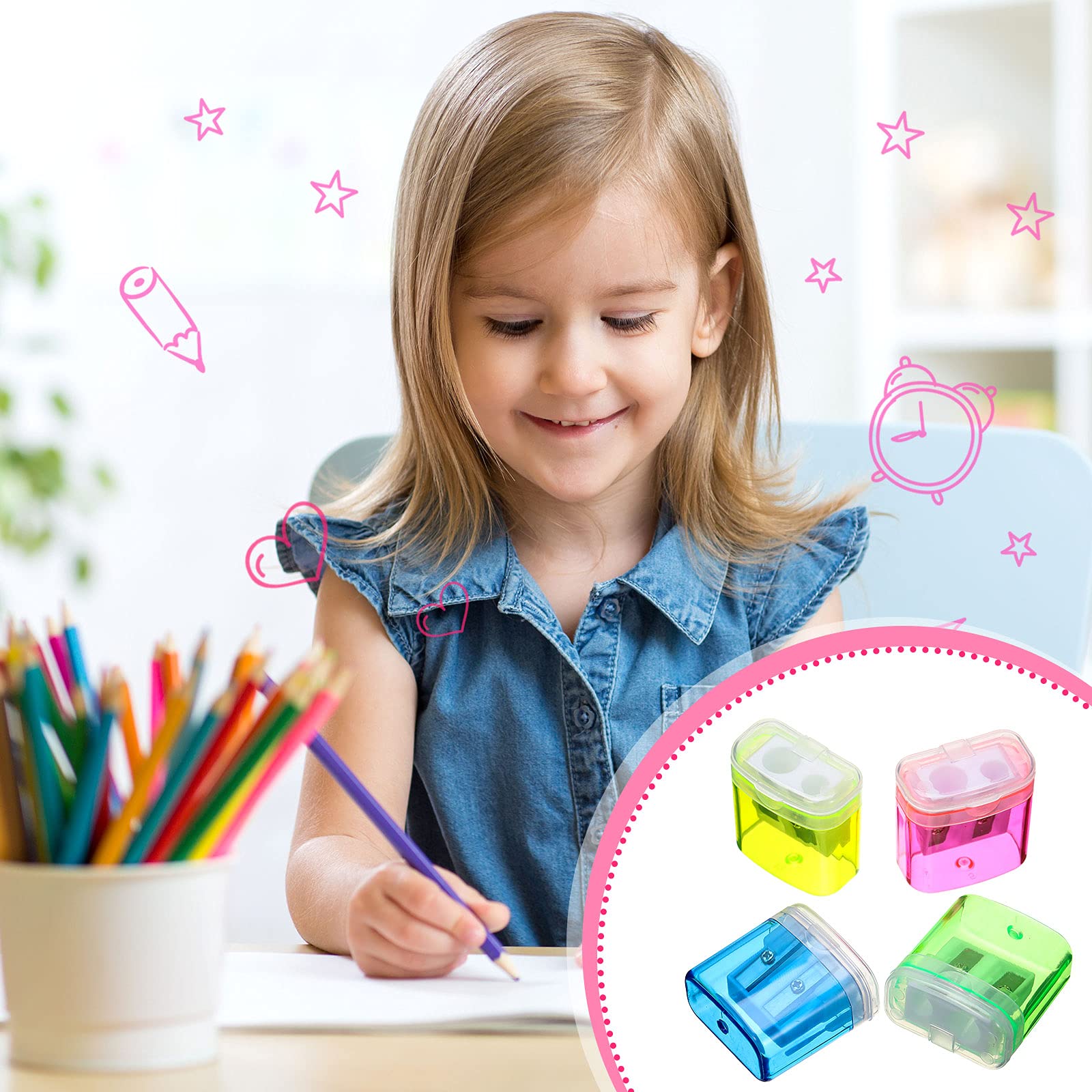 48 Pieces Pencil Sharpeners Manual Double Hole Pencil Sharpener with Lid Hand for School Office Home, Handheld Plastic Crayon Sharpener,Colourful Birthday Favor,Christmas Child Stocking