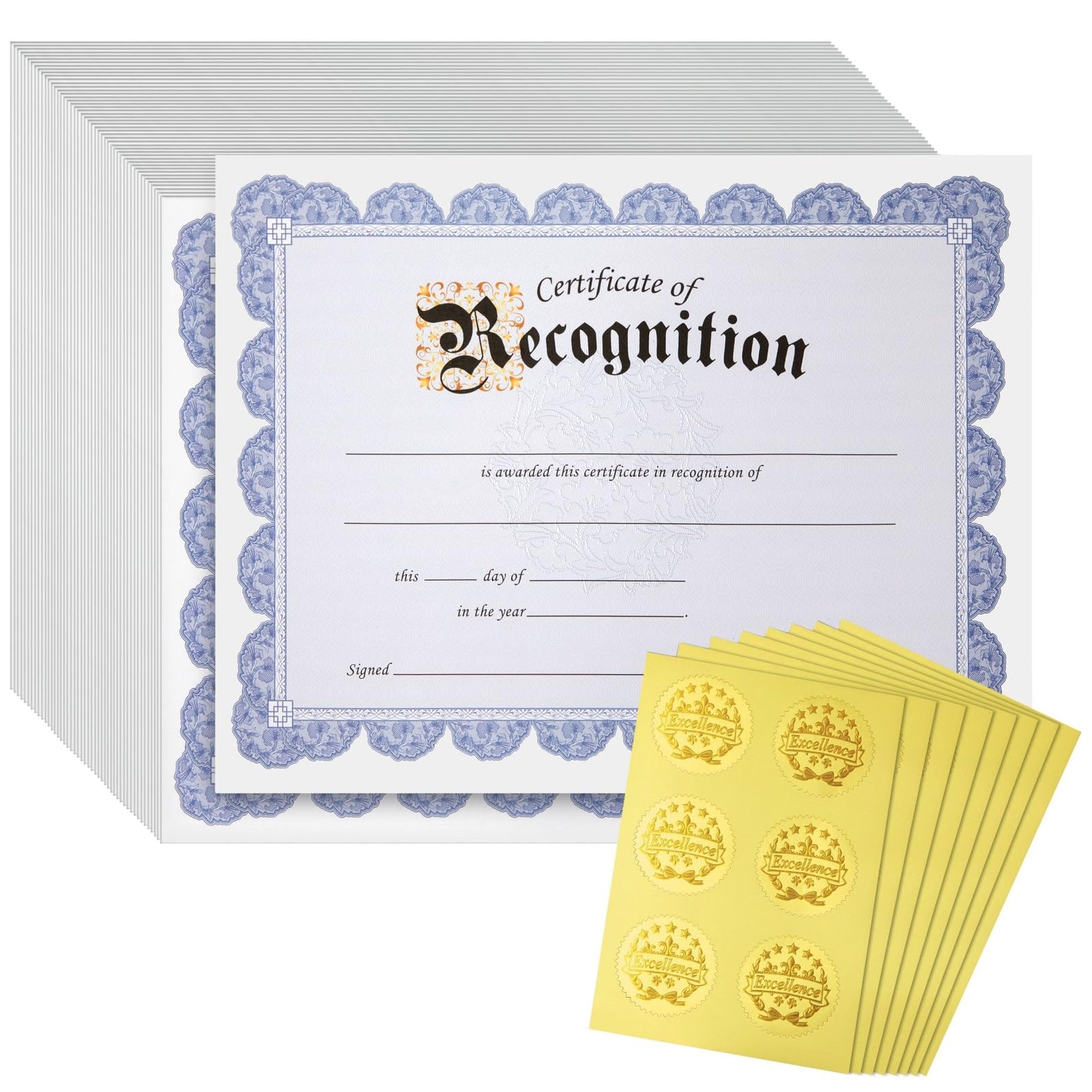 48 Sheets Blue Certificate of Recognition Award Paper with Gold Foil Sticker Seals for Graduation Diploma, Achievements (8.5 x 11 in)