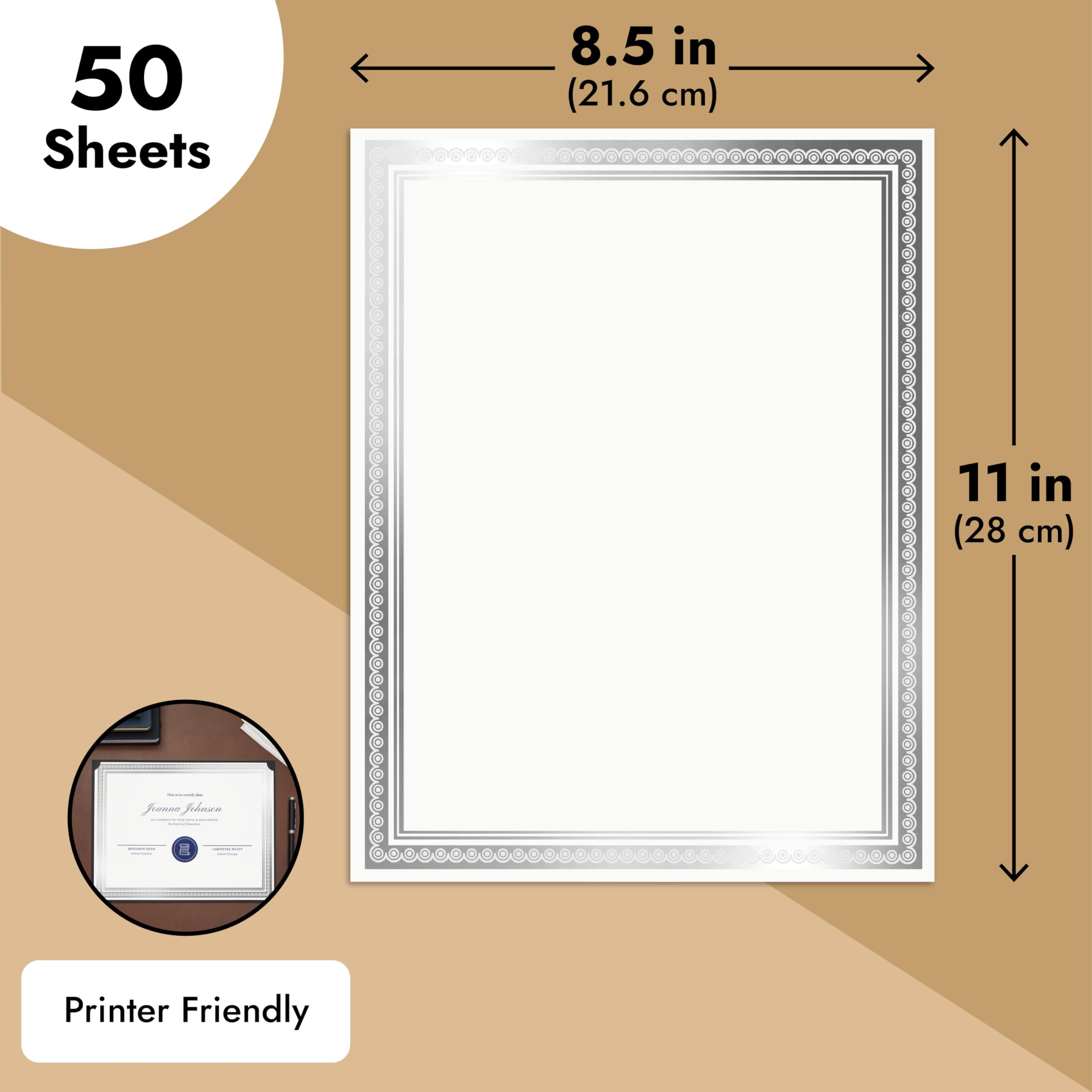 Juvale 50 Sheets Certificate Paper for Printing with Silver Foil Border for Graduation Diploma, Achievement Awards (8.5 x 11 in)