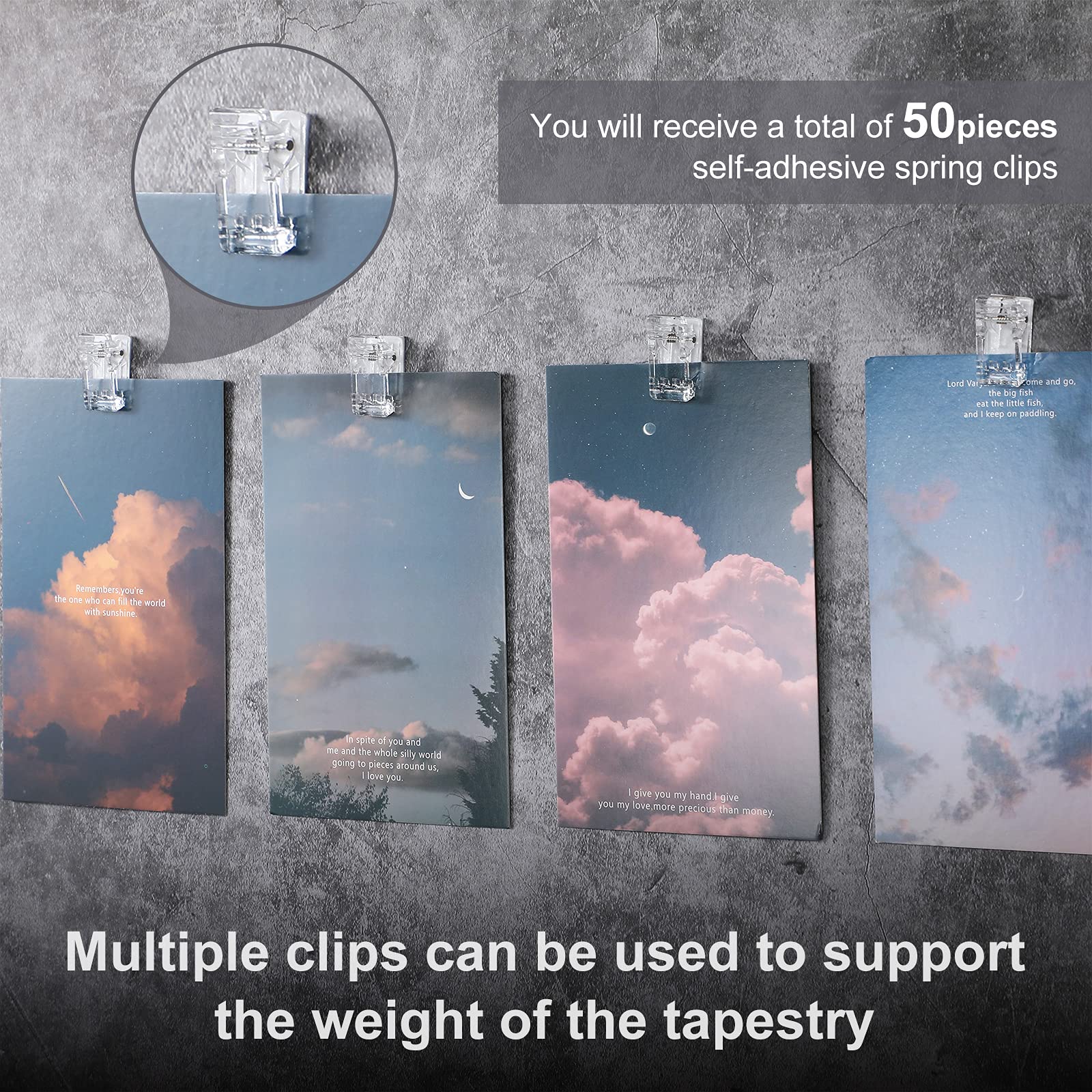 50 Pieces Self-Adhesive Clips Wall Tapestry Clips Plastic Sticky Photo Clips Hanging Spring Clips for Paper Flag Hanger Double-Sided Adhesive Spring Clips for Home Office (Clear)