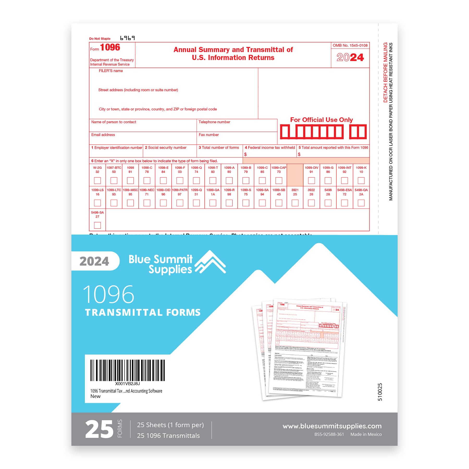 1096 Transmittal 2022 Tax Forms, 25 Pack of 1096 Summary Laser Forms, Compatible with QuickBooks and Accounting Software
