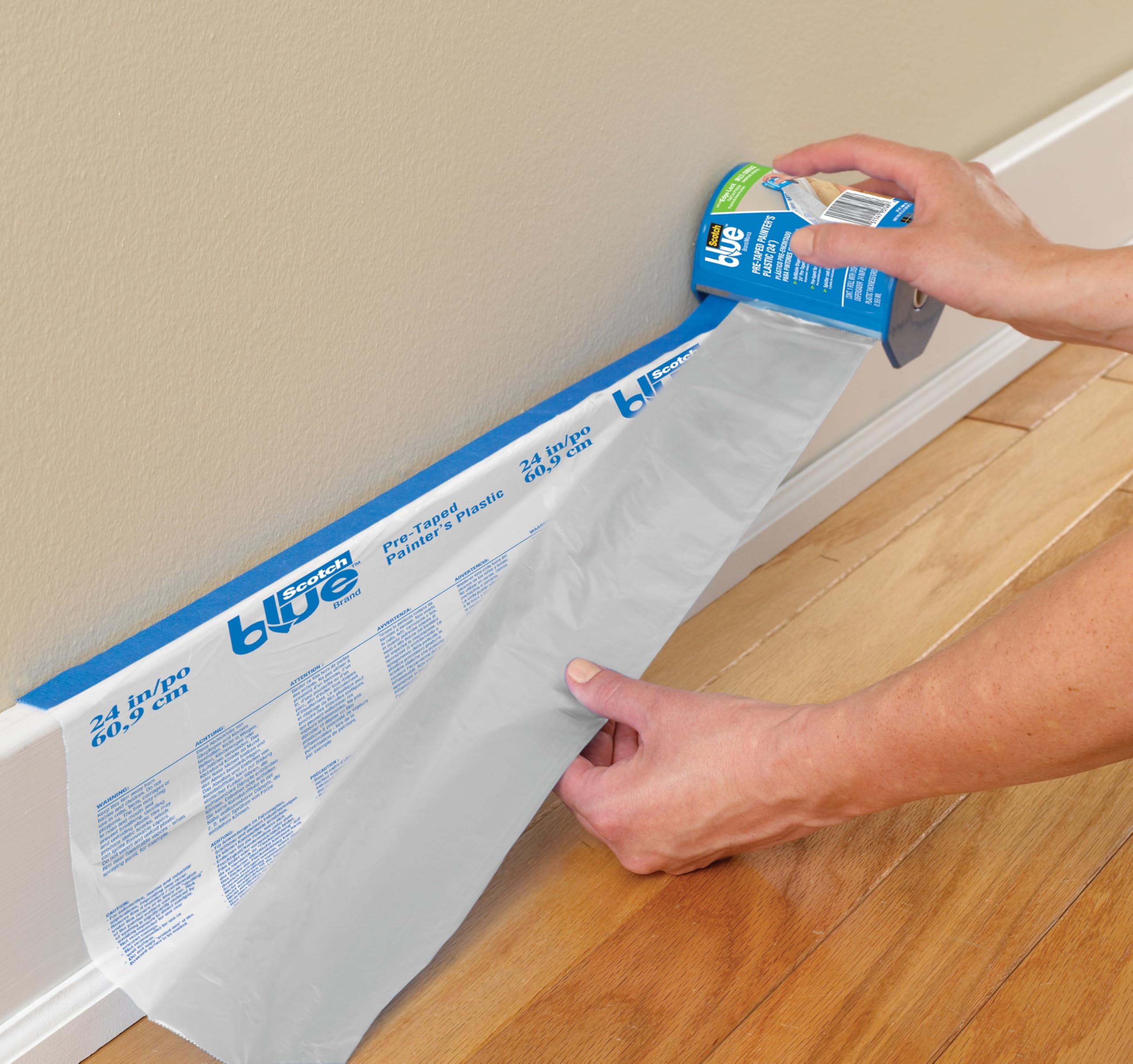 ScotchBlue Pre-Taped Painter's Plastic with Dispenser, Prepares and Protects in One Easy Step, Multi-Surface Painter's Tape and Plastic for Indoor Use, 24 Inches x 30 Yards, 1 Roll