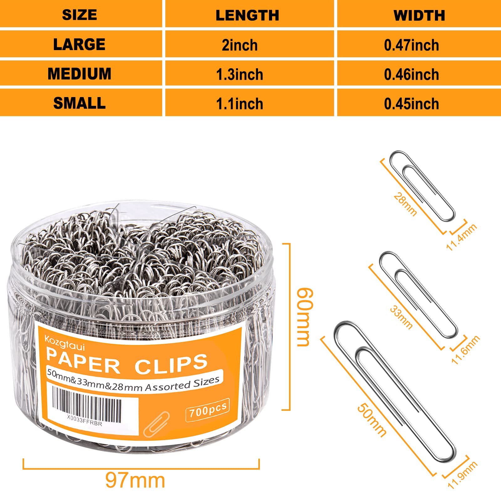 700 Paper Clips, Assorted Sizes Medium and Jumbo Size, for Office School and Home Use(28 mm, 33mm, 50 mm) (Silver)