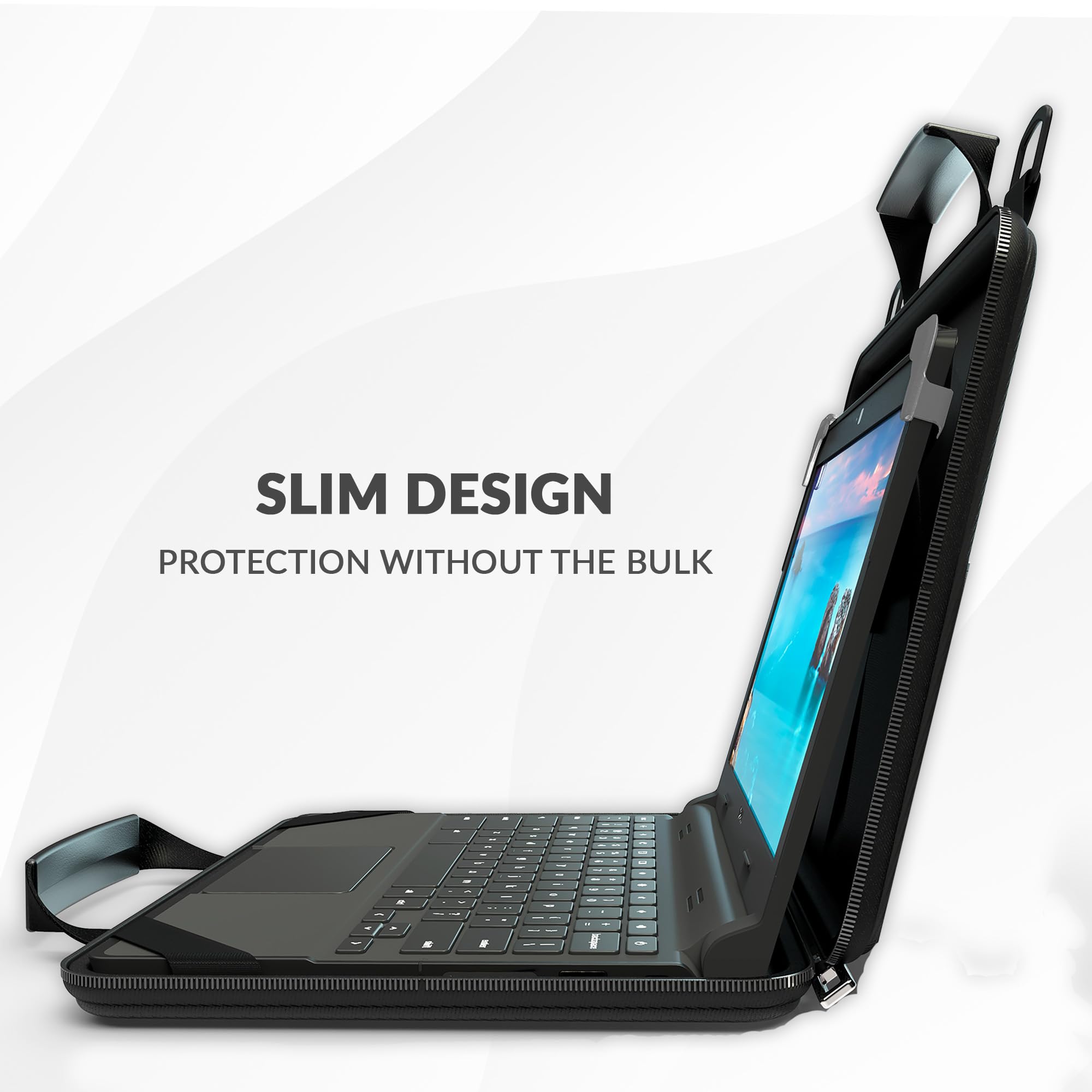 UZBL 13-14 inch Chromebook Case Protective Laptop Hard Cover Sleeve, Always-on Work in Case with Carrying Handle Shoulder Strap (Black PU)