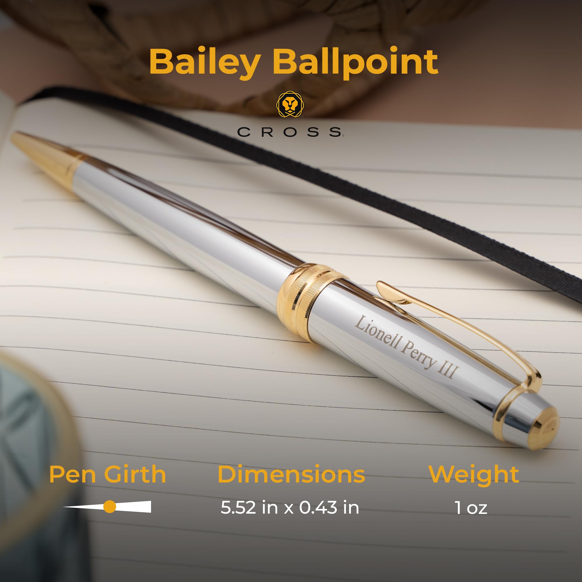 Dayspring Pens Engraved Cross Pen | Personalized Cross Bailey Medalist Ballpoint Gift Pen - Chrome With Gold Trim, Custom Engraved Executive Gift.