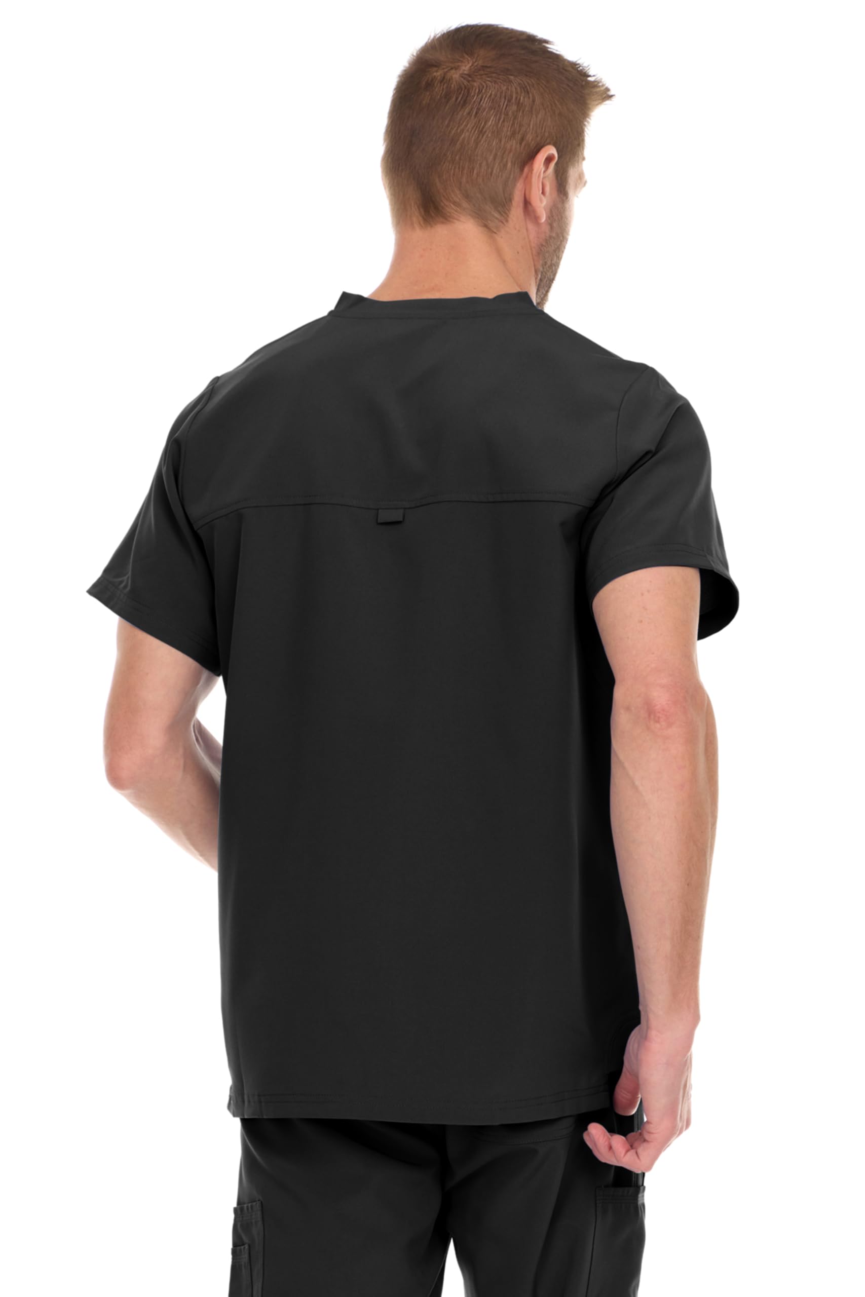 MediChic Men's V-Neck Hi-Low Top with One Chest Pocket and Mesh Gusset, Black, Size Large