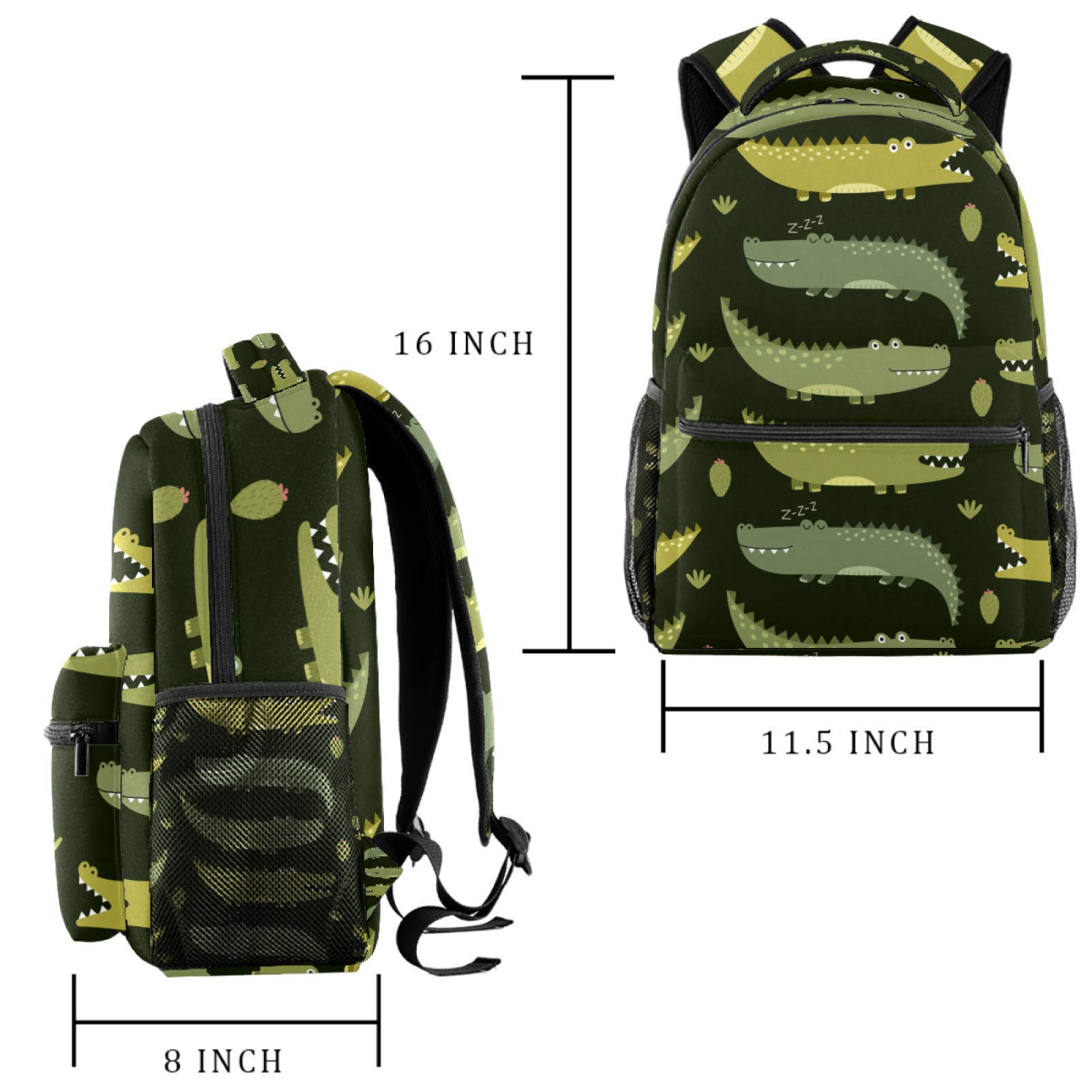 Kids School Backpacks Cute Green Gator Crocodile Pattern 16 IN Student Bookbag Small Daypack for Preschool,Kindergarten,Elementary School