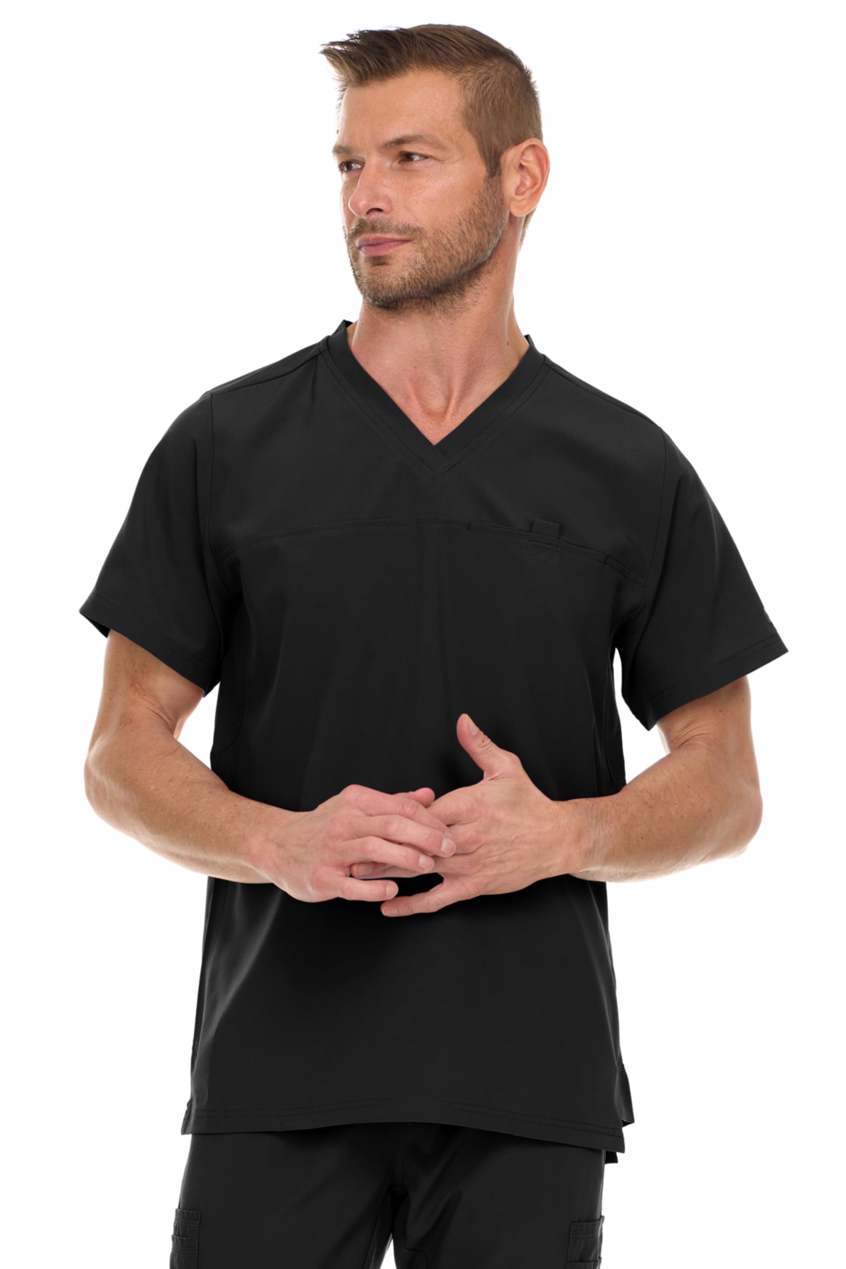 MediChic Men's V-Neck Hi-Low Top with One Chest Pocket and Mesh Gusset, Black, Size Large
