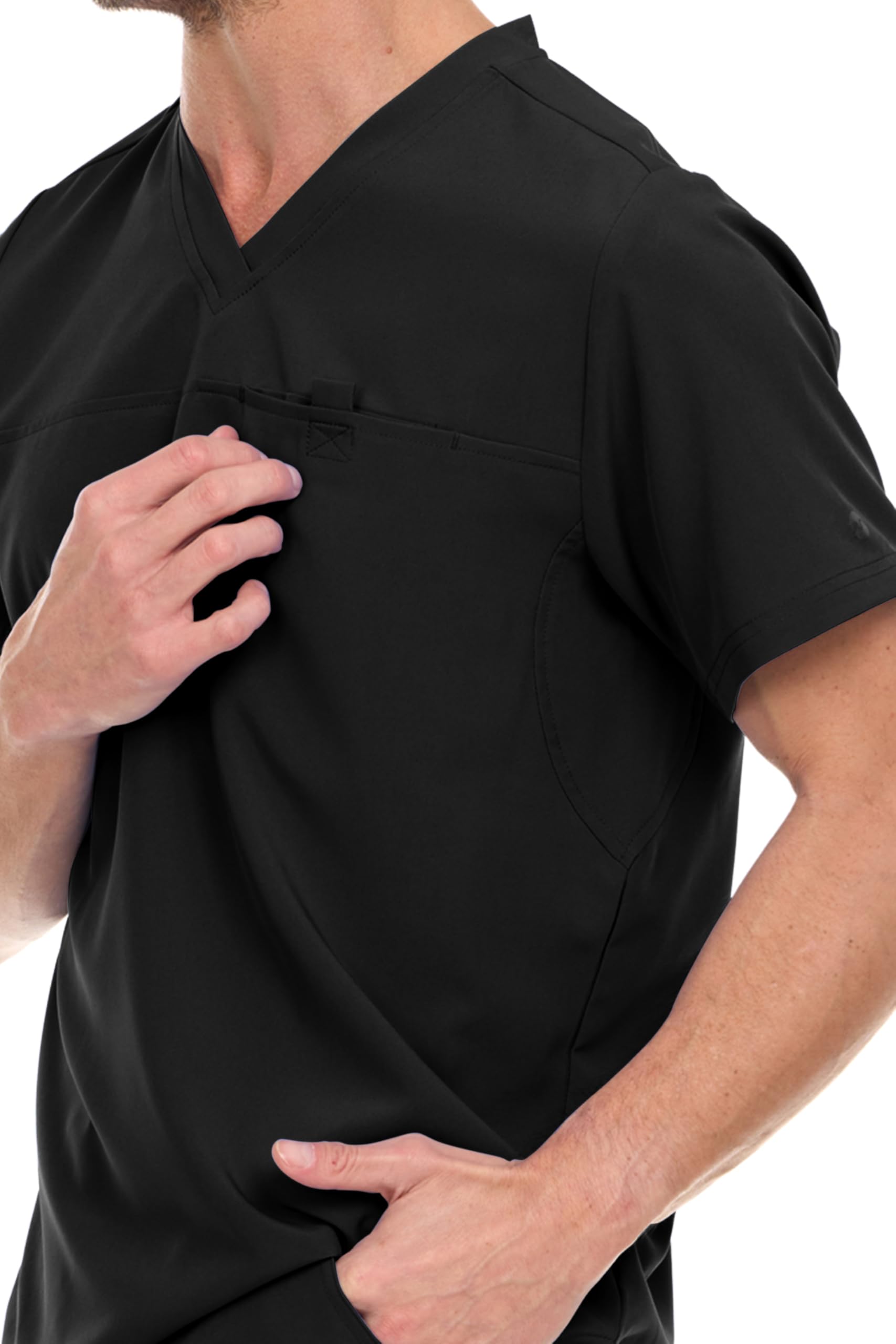 MediChic Men's V-Neck Hi-Low Top with One Chest Pocket and Mesh Gusset, Black, Size Large